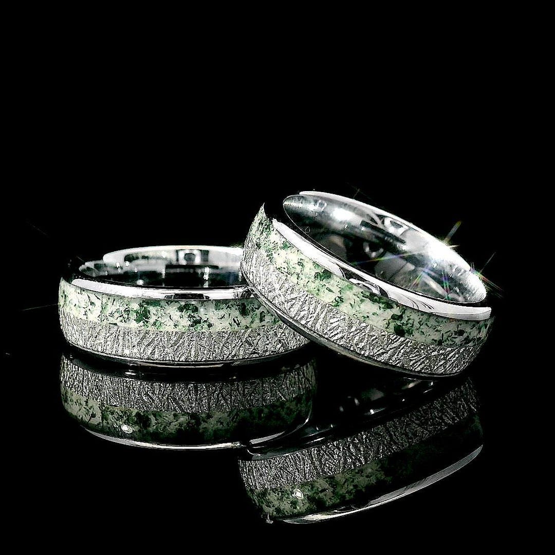 Matching Rings Set | Meteorite & Green Moss Inlay | His and Hers ...