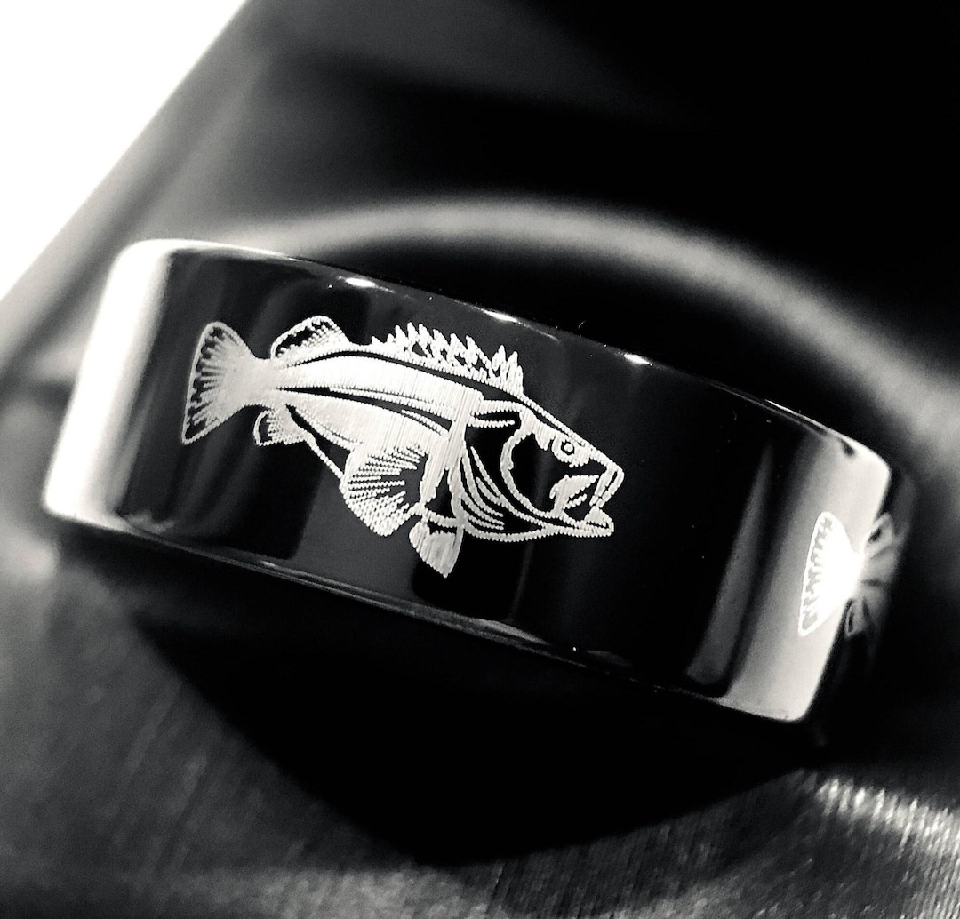 Bass Fish Ring | Black Tungsten Wedding Band | Mens Tungsten Ring ...