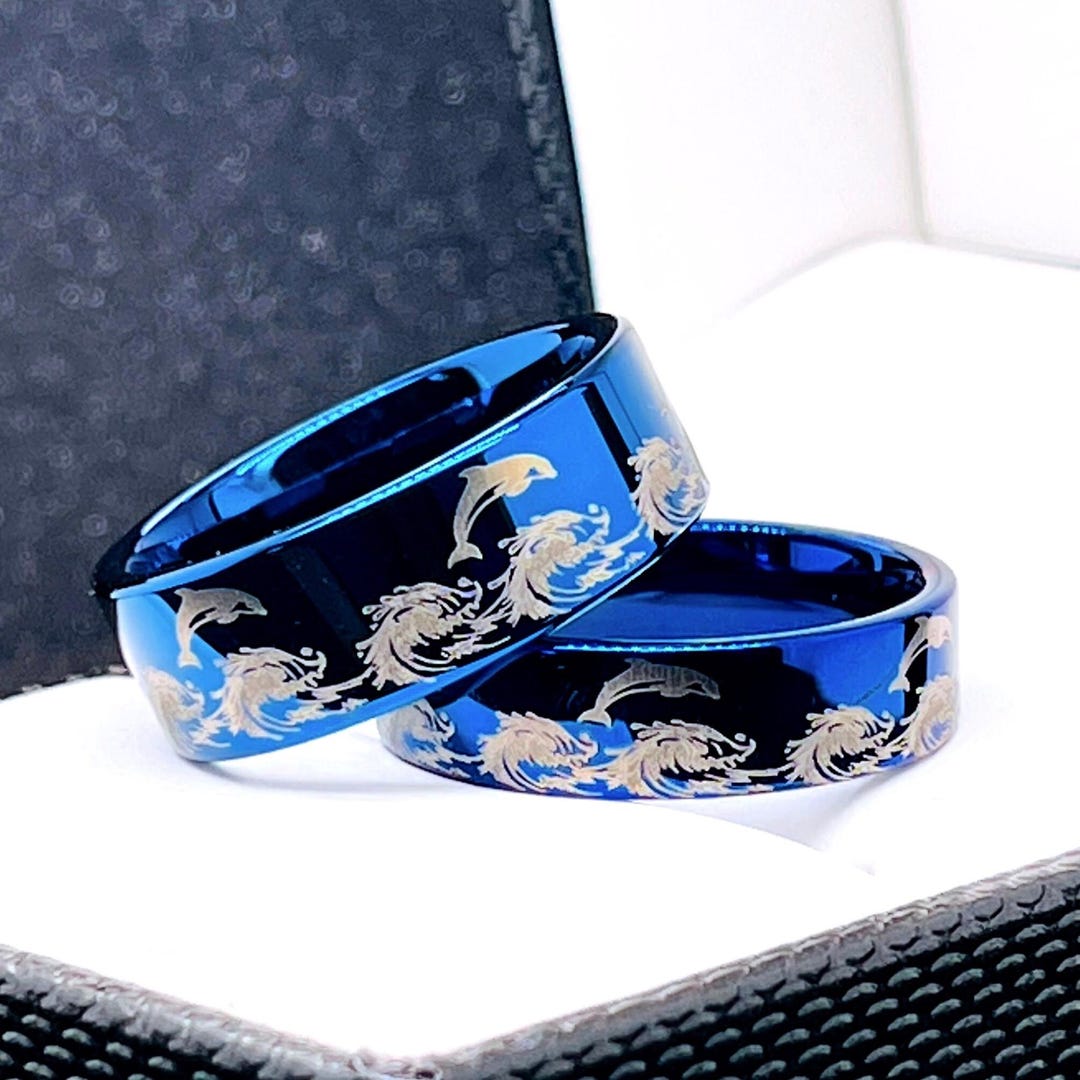 Dolphins in Ocean Wave Matching Rings | Blue Tungsten Wedding Bands ...
