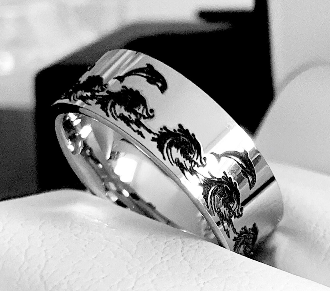 Ocean Wave Dolphin Ring | Men’s Tungsten Wedding Band | Engraved ...
