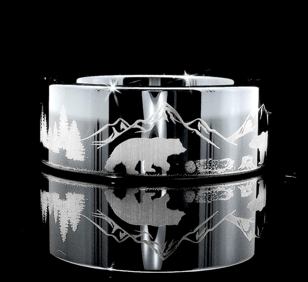 Black Tungsten Ring With Two Bears Engraved Forest Scene — Tungsten ...