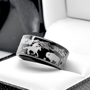Engraved Cowboy & Buffalo Tungsten Ring: Western Black Wedding Band ...