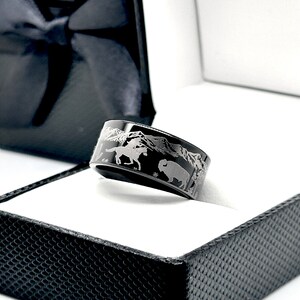 Engraved Cowboy & Buffalo Tungsten Ring: Western Black Wedding Band ...