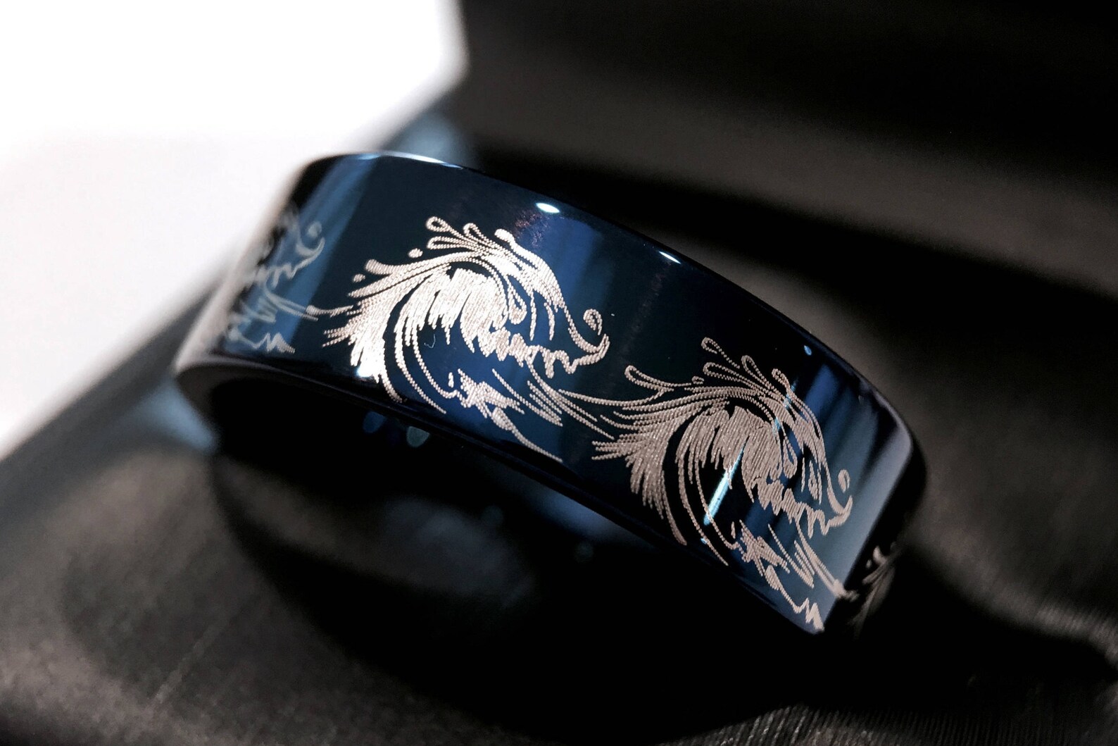 Men Wedding Band Ocean Ring Wave Ring Mens Blue Tungsten | Etsy