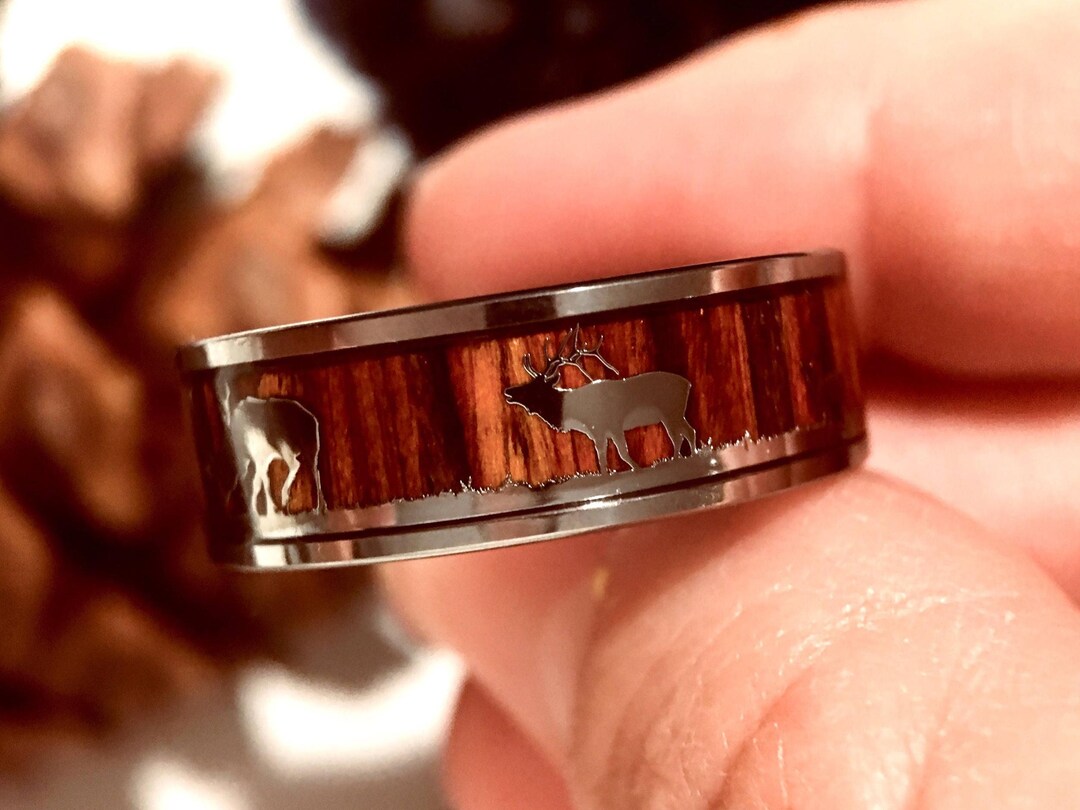 Wood & Antler Inlay Tungsten Ring — Elk Forest Scene Hunter Wedding ...