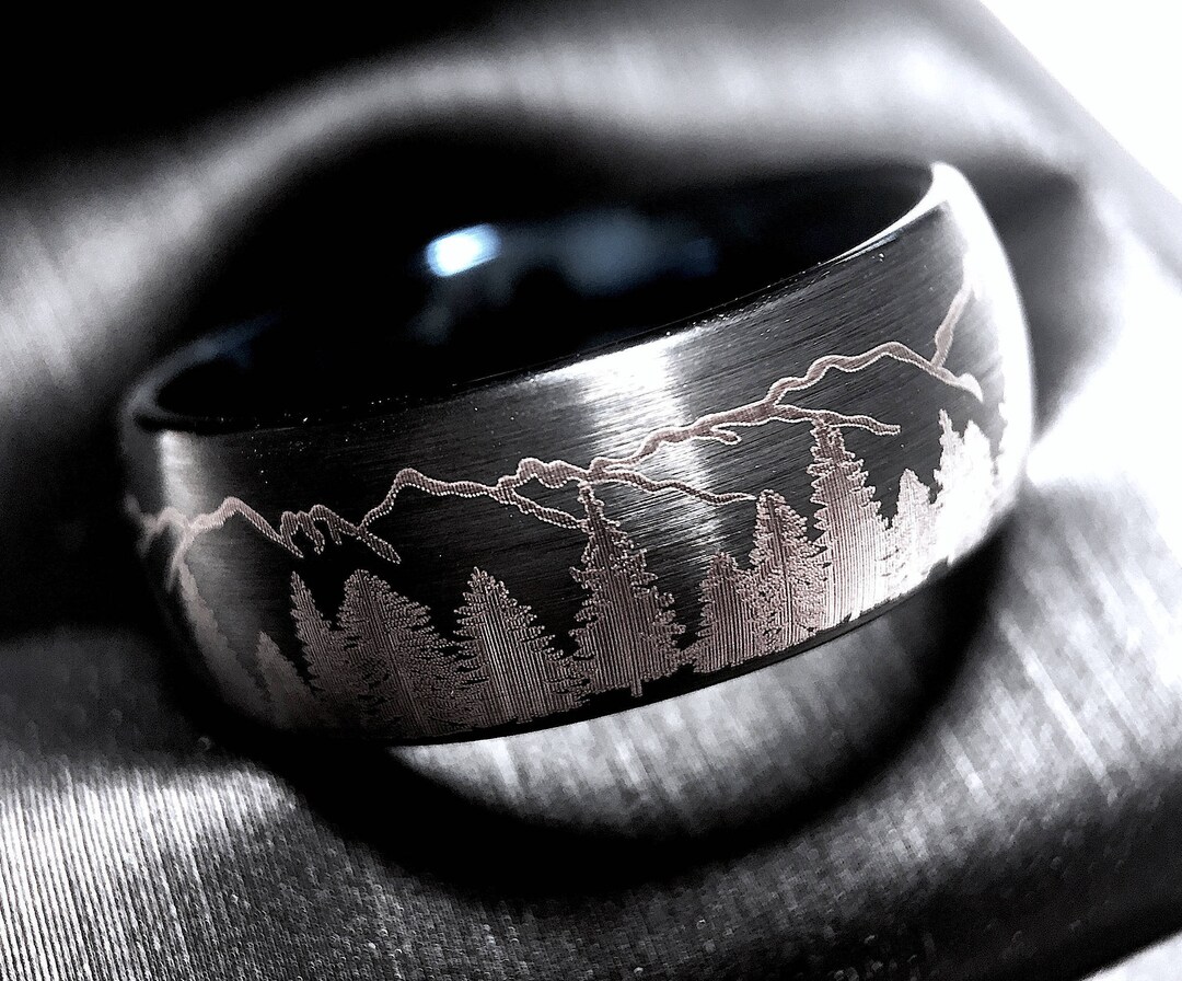 Mens Wedding Bands, Fir Trees in Mountains Forest Landscape Pattern ...