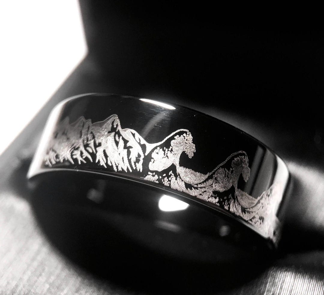 Black Tungsten Ring Featuring Ocean Wave and Mountains Pattern ...