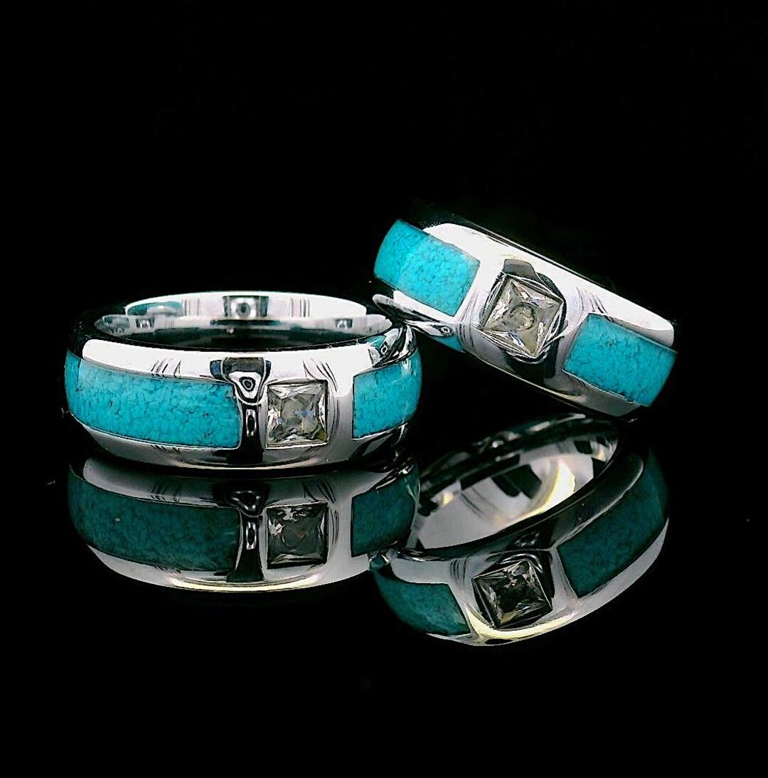 Turquoise Tungsten Carbide Couples Rings Set: Square Stone Wedding ...