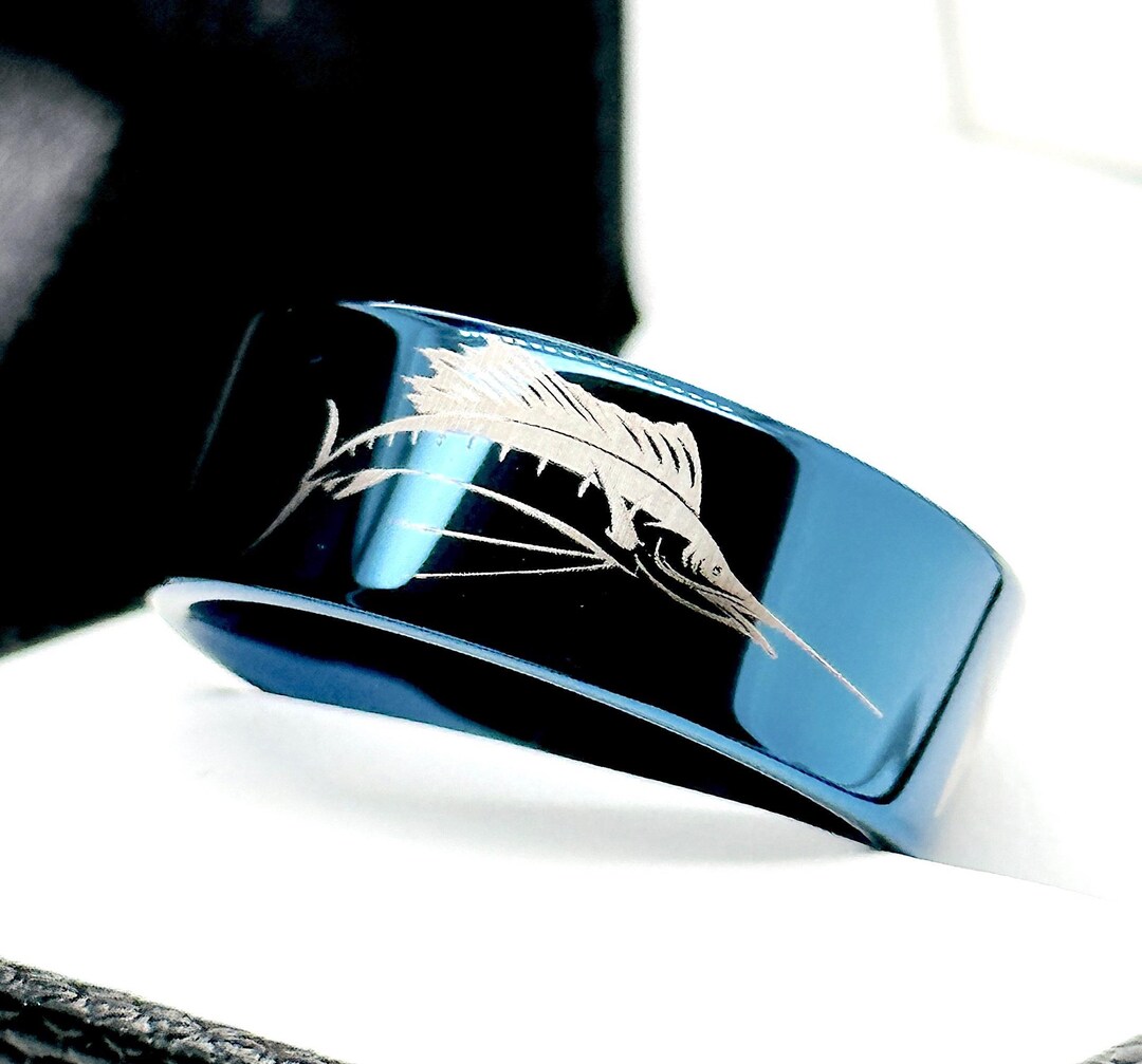 Sailfish, Shark and Mahi Fish Pattern Engraved Tungsten Ring, Mens ...