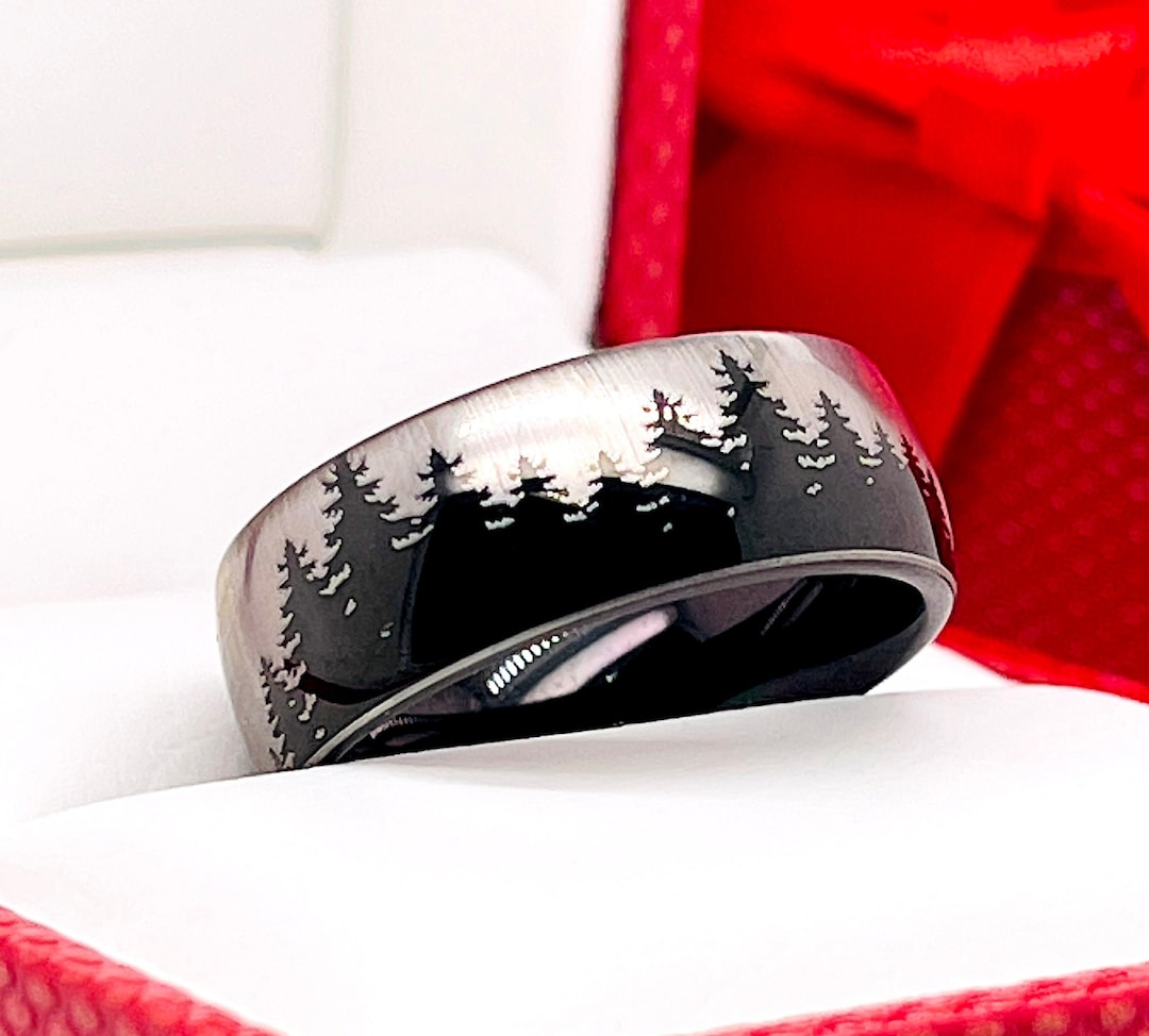 Wedding Bands, Fir Trees in Mountains Forest Landscape Pattern, Mens ...