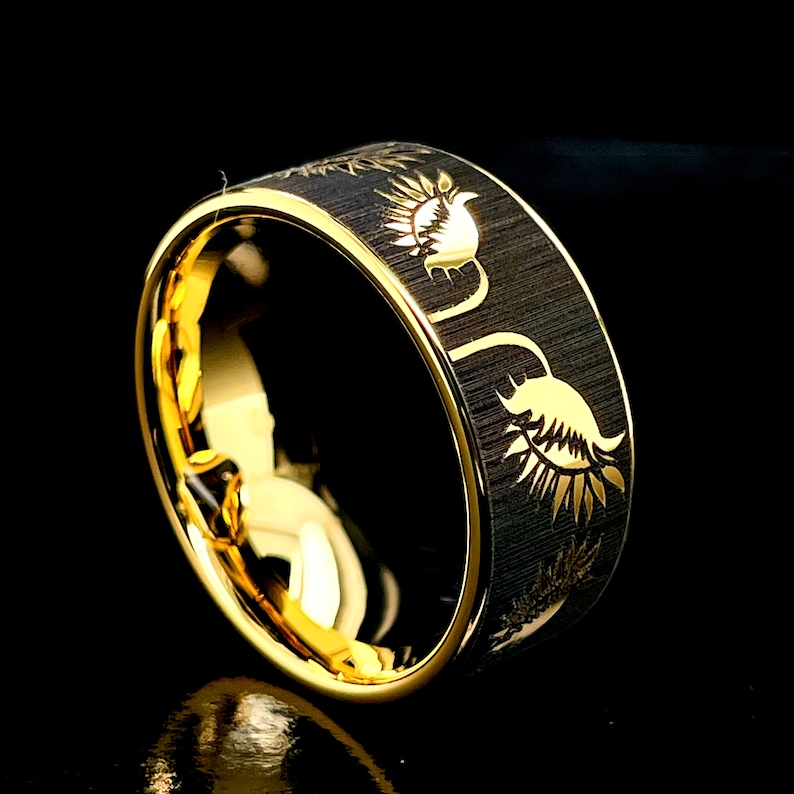 Sunflower Engraved Ring | Yellow Gold Tungsten Wedding Band for Men ...
