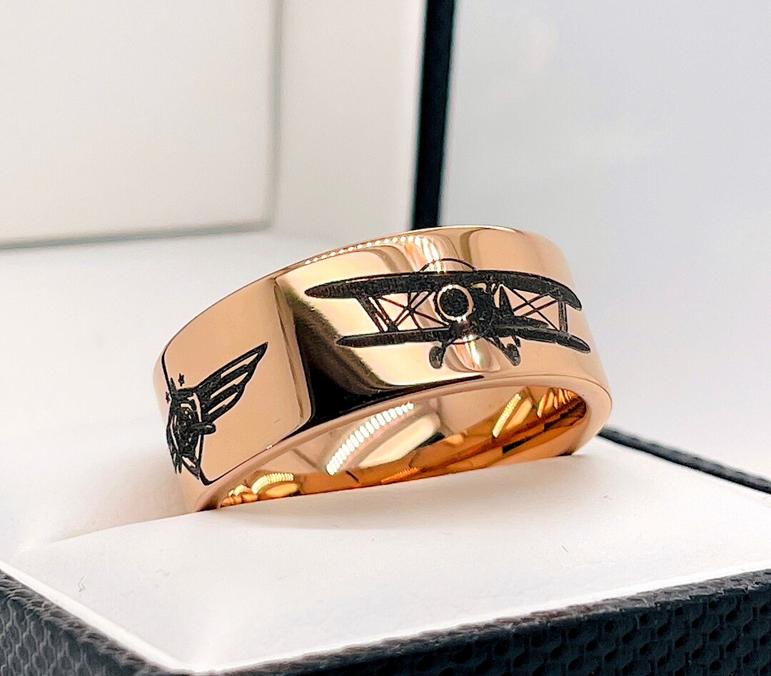 Wedding Bands, Airplane Pattern Engraved Rose Gold Tungsten Ring, Mens ...