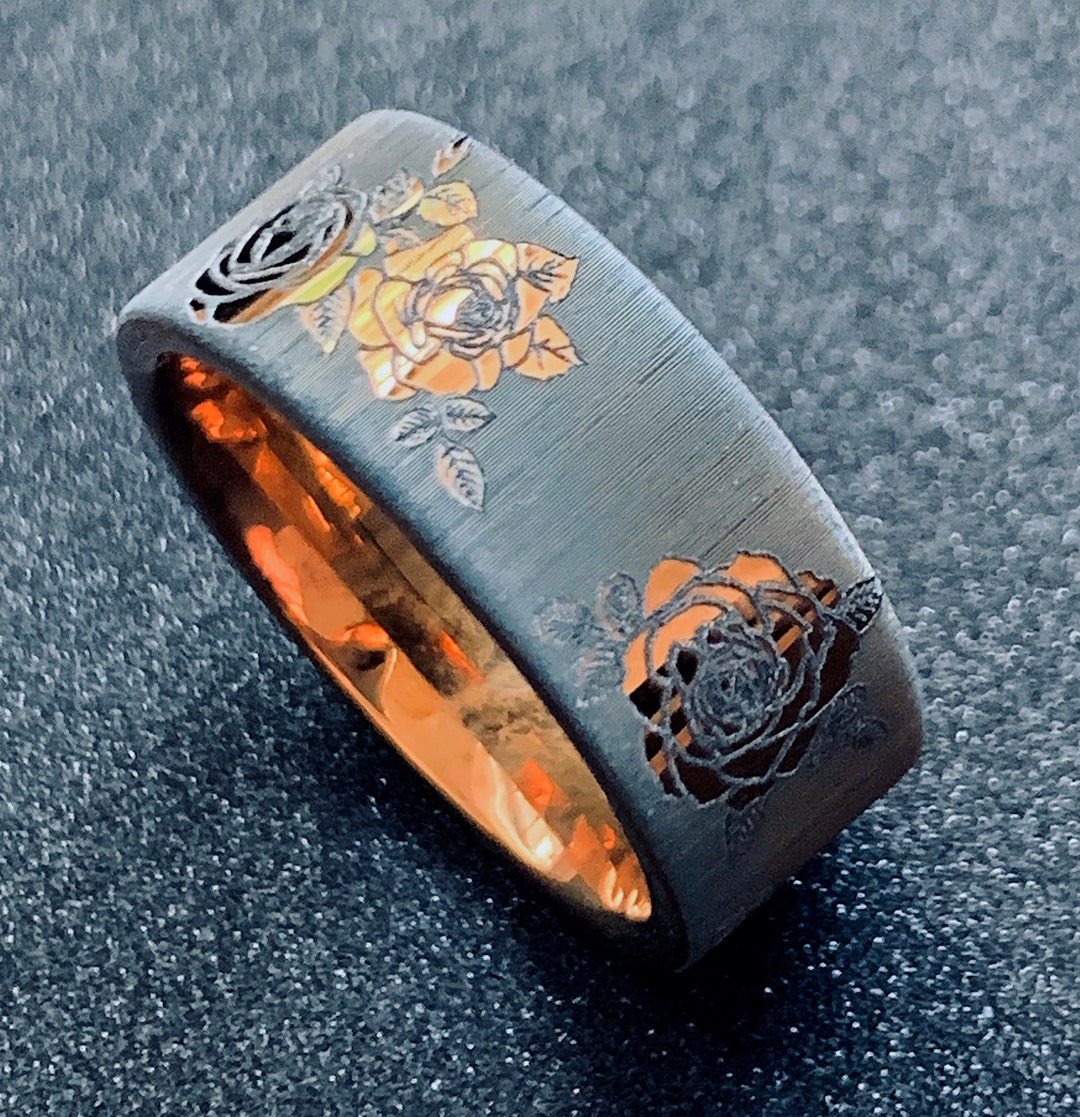 Rose Gold Tungsten Carbide Wedding Band | Roses Engraved Floral Ring ...