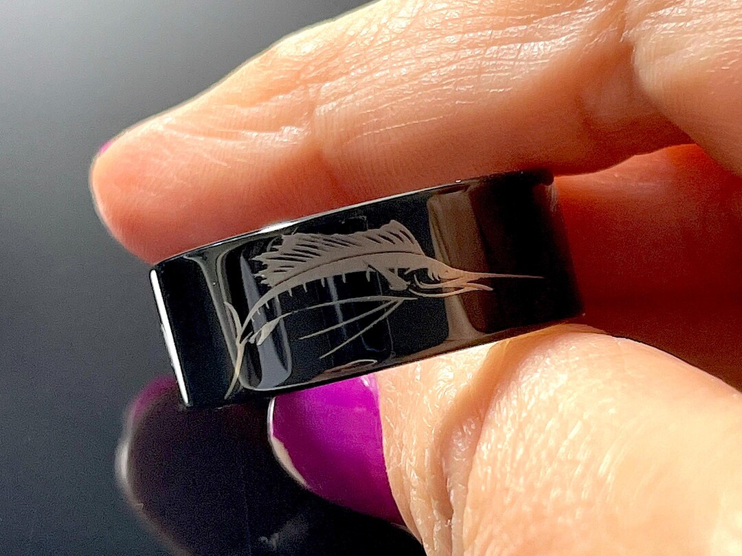 Sailfish, Shark and Mahi Fish Pattern Engraved Black Tungsten Carbide ...