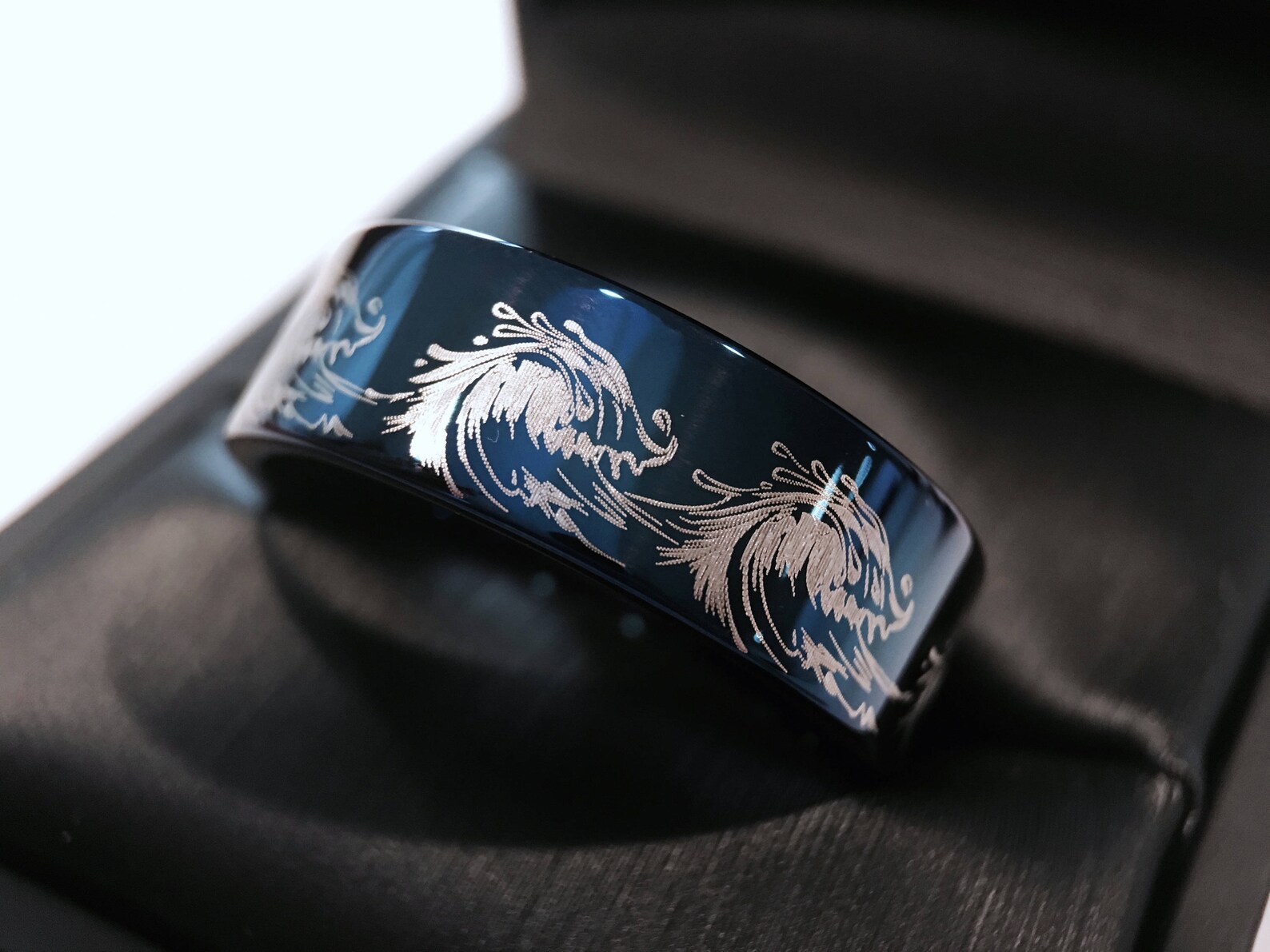 Men Wedding Band Ocean Ring Wave Ring Mens Blue Tungsten | Etsy