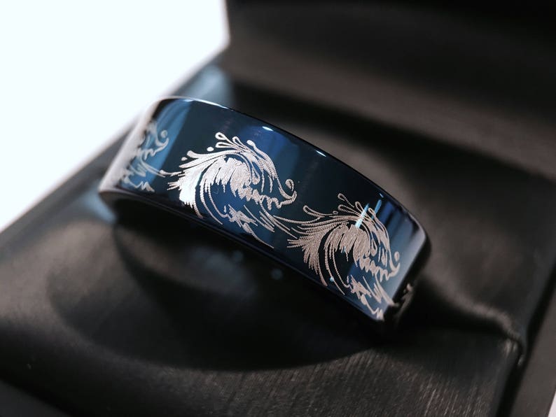 Men Wedding Band Ocean Ring Wave Ring Mens Blue Tungsten - Etsy