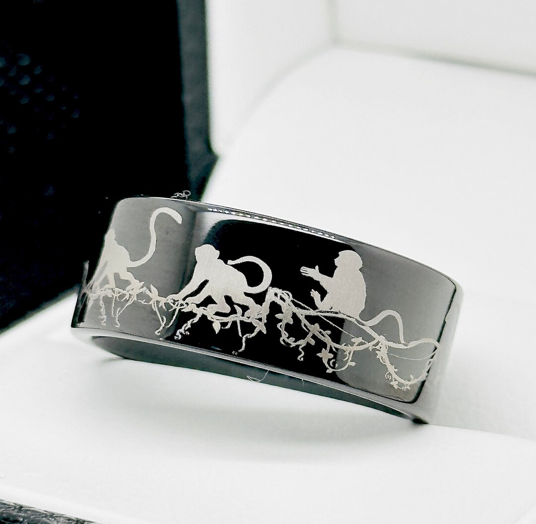 Monkey in Jungle on Lilies Pattern Engraved Black Tungsten Carbide Ring ...