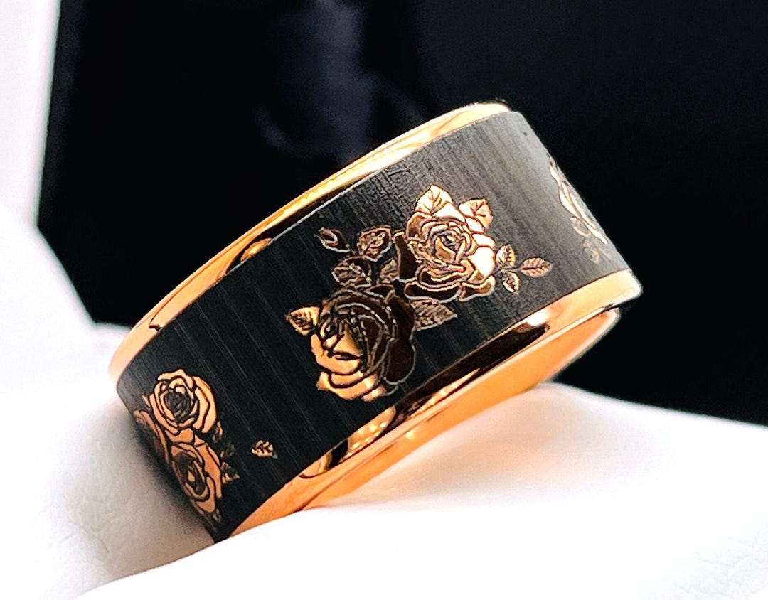 Rose Gold Tungsten Carbide Ring With Intricate Roses Pattern Engraving ...