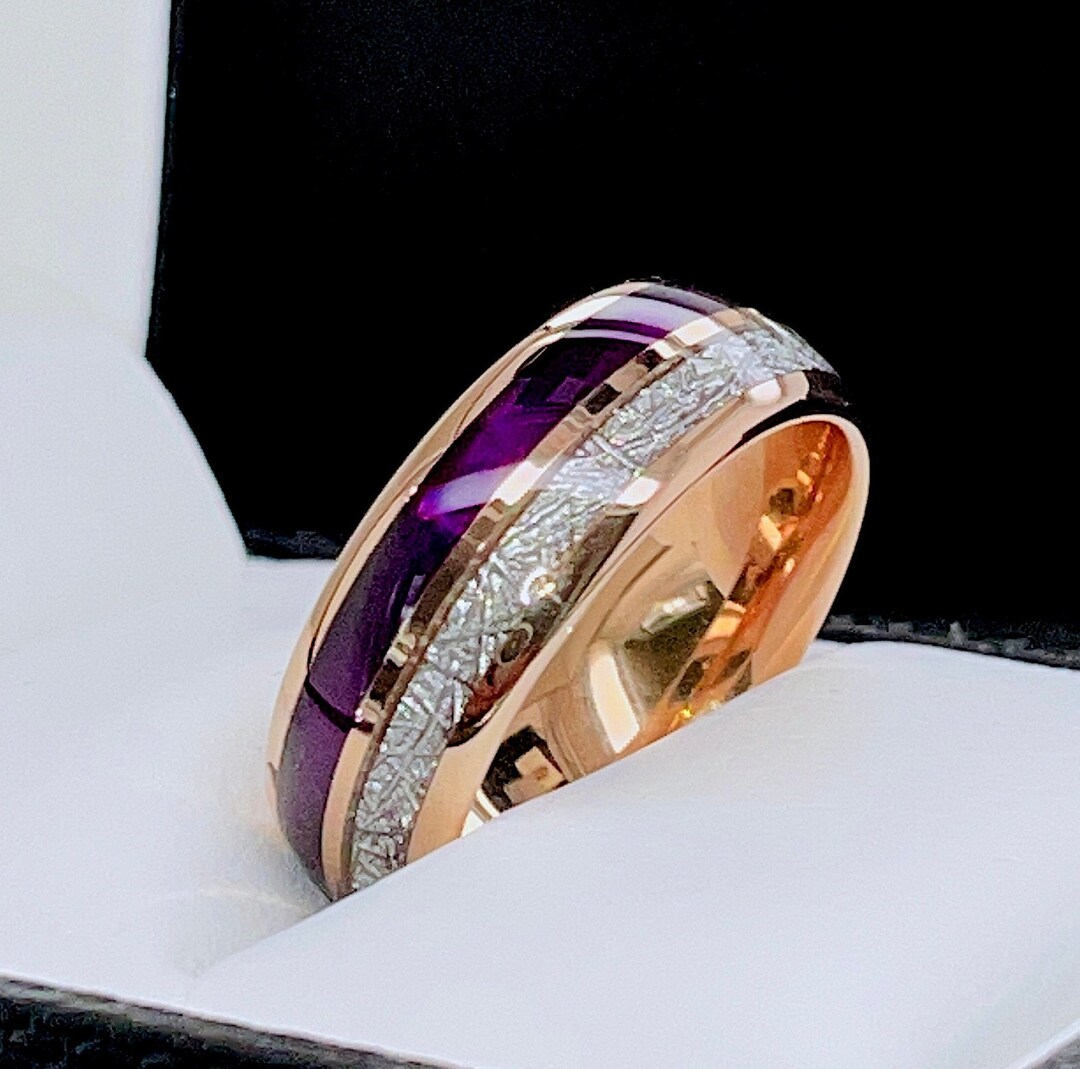 Elegant Purple Agate & Meteorite Tungsten Ring - Rose Gold Engagement ...