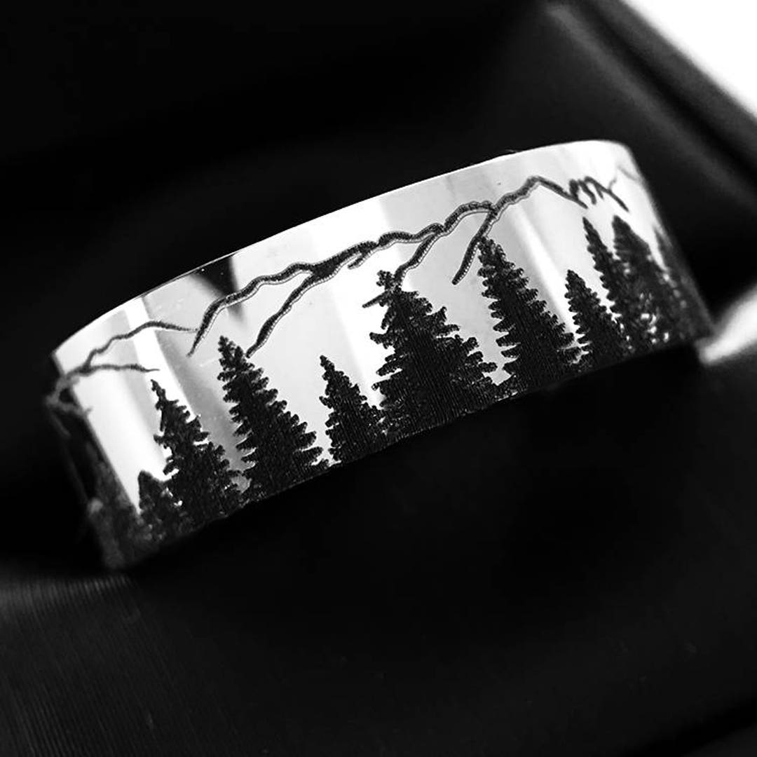 Wedding Bands, Fir Trees in Mountains Forest Landscape Pattern, Mens ...