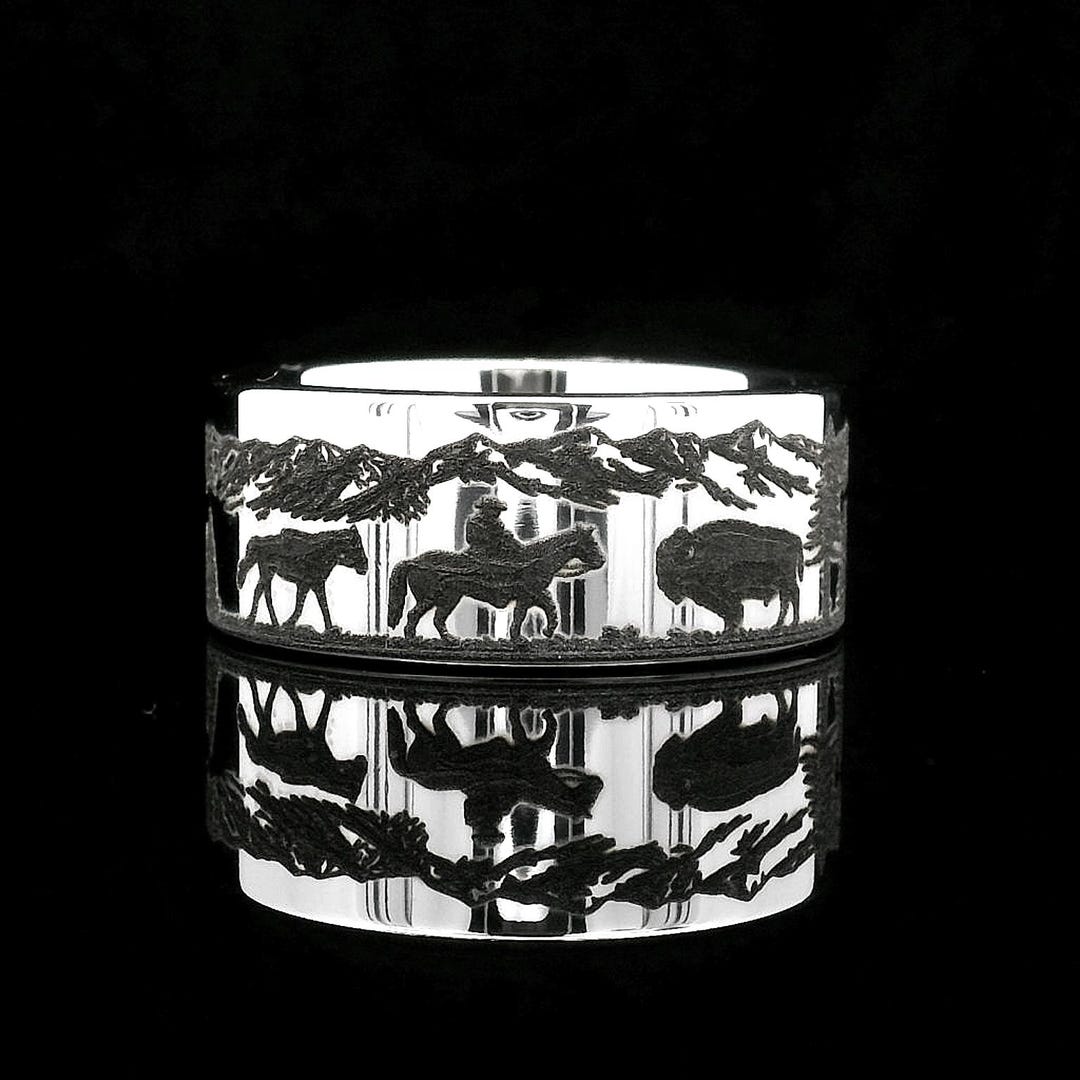 Cowboy and Buffalo Engraved Tungsten Carbide Ring | Men’s Western ...
