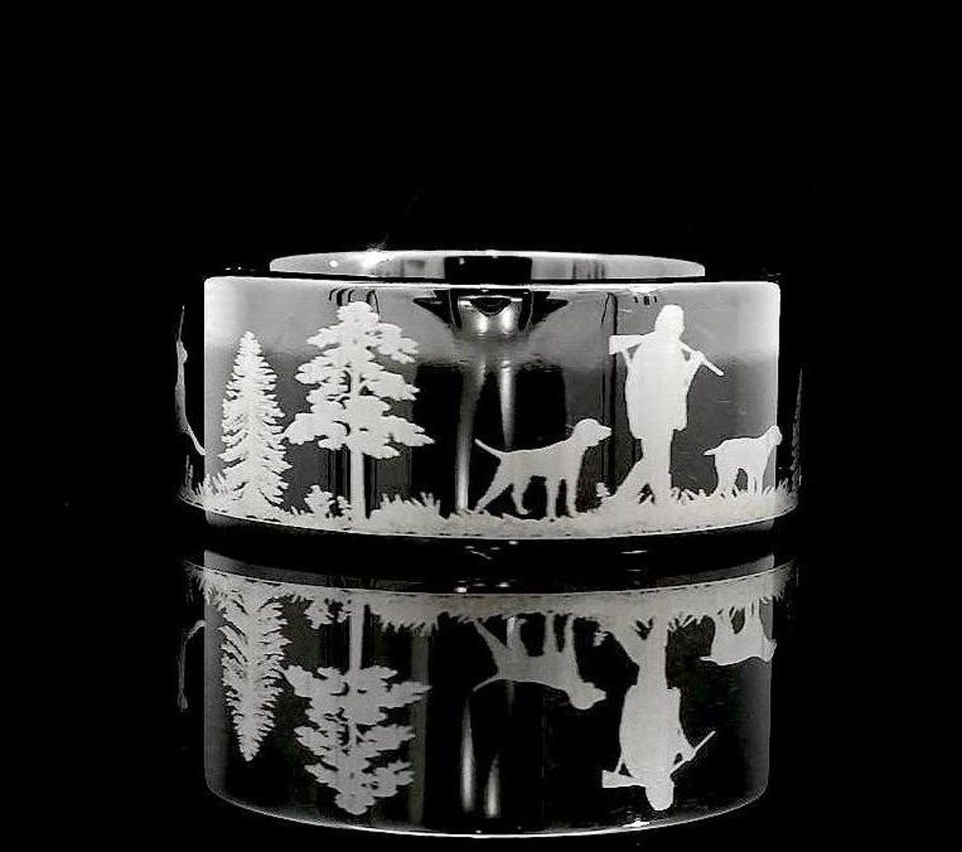 Engraved Hunting Scene Tungsten Ring | Black Hunter Ring With Dogs ...
