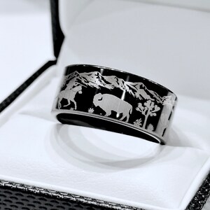 Engraved Cowboy & Buffalo Tungsten Ring: Western Black Wedding Band ...