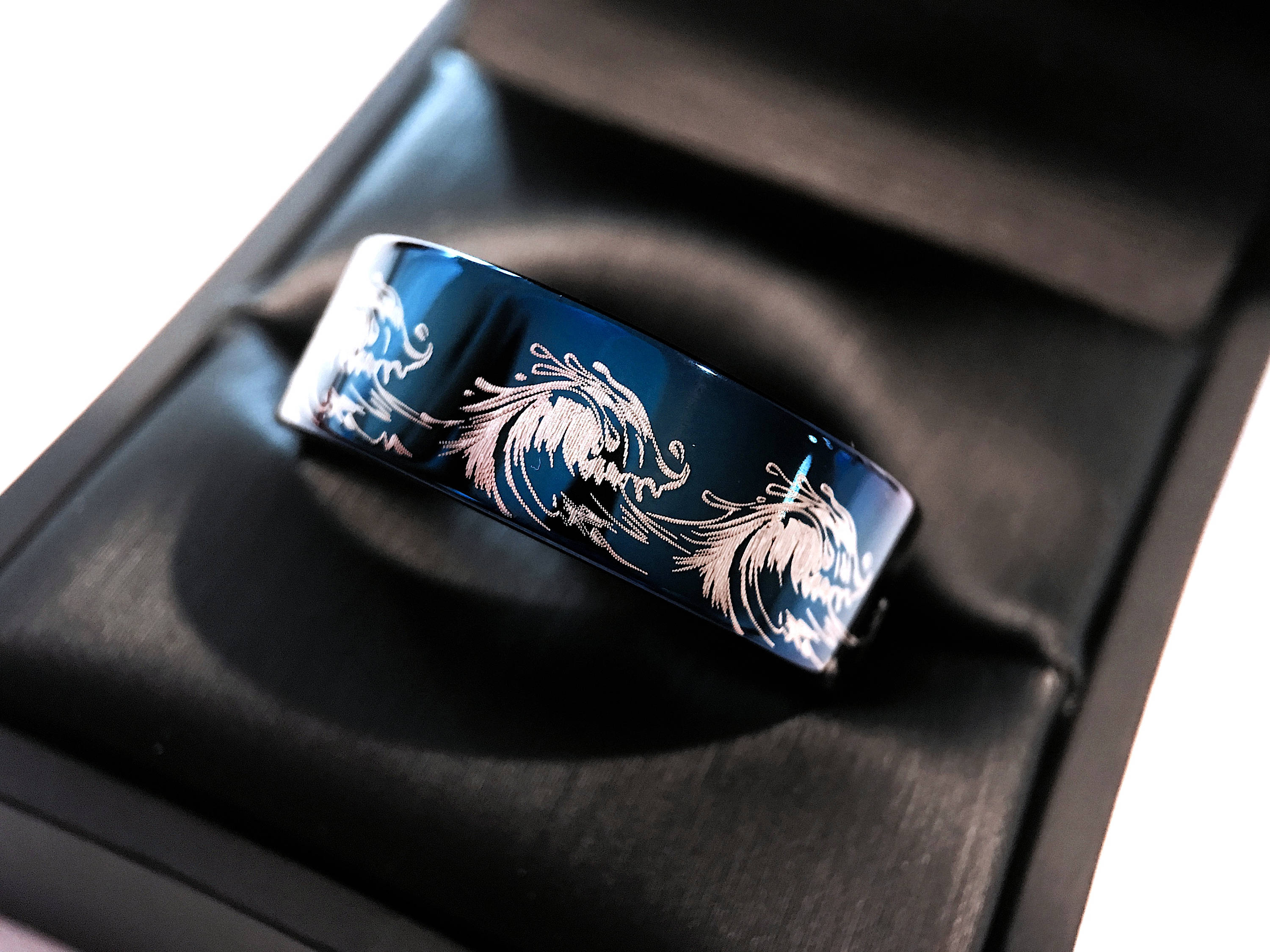 Men Wedding Band Ocean Ring Wave Ring Mens Blue Tungsten | Etsy
