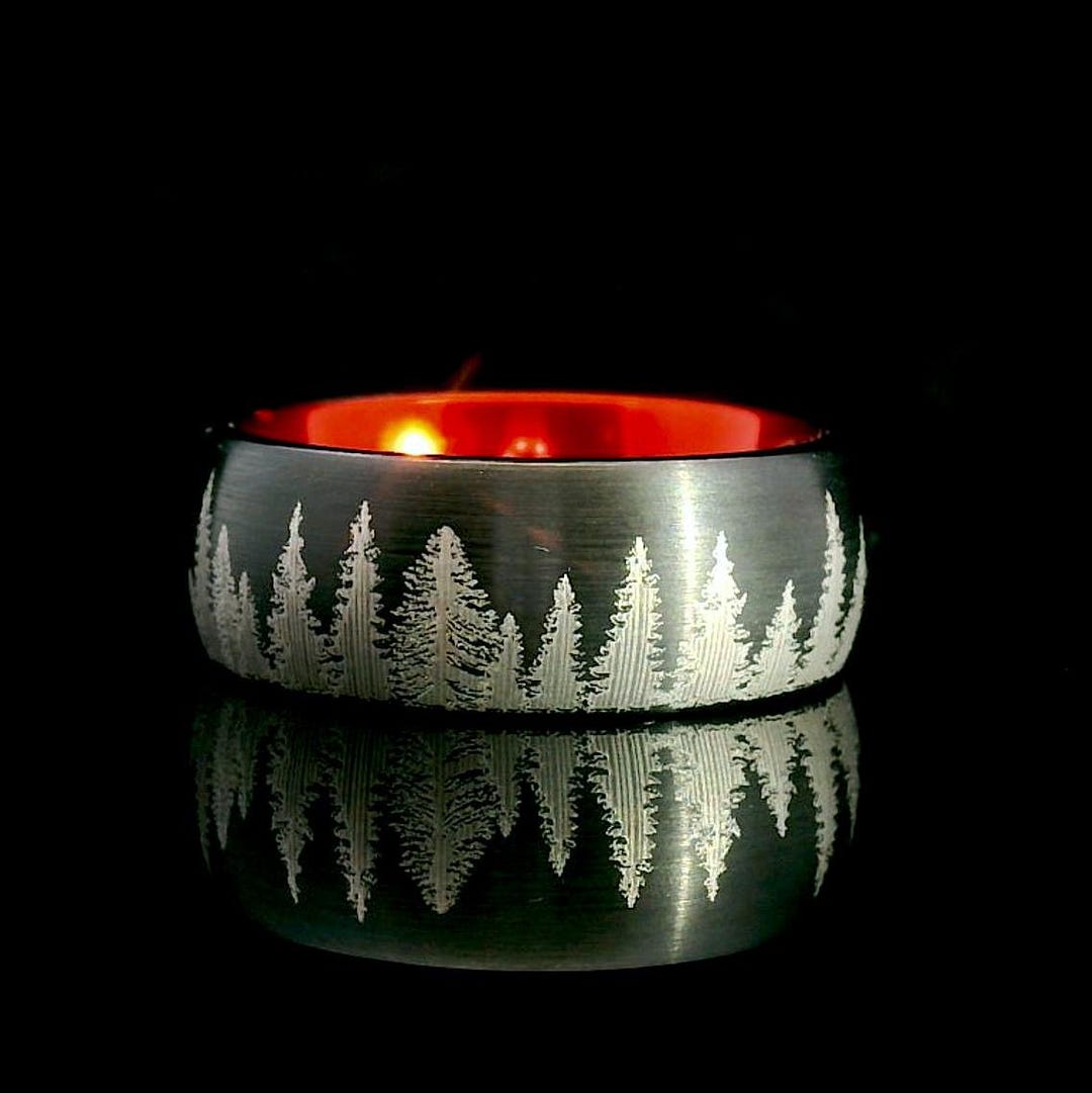 Fir Trees Pattern Engraved Back and Red Tungsten Carbide Weding Ring ...