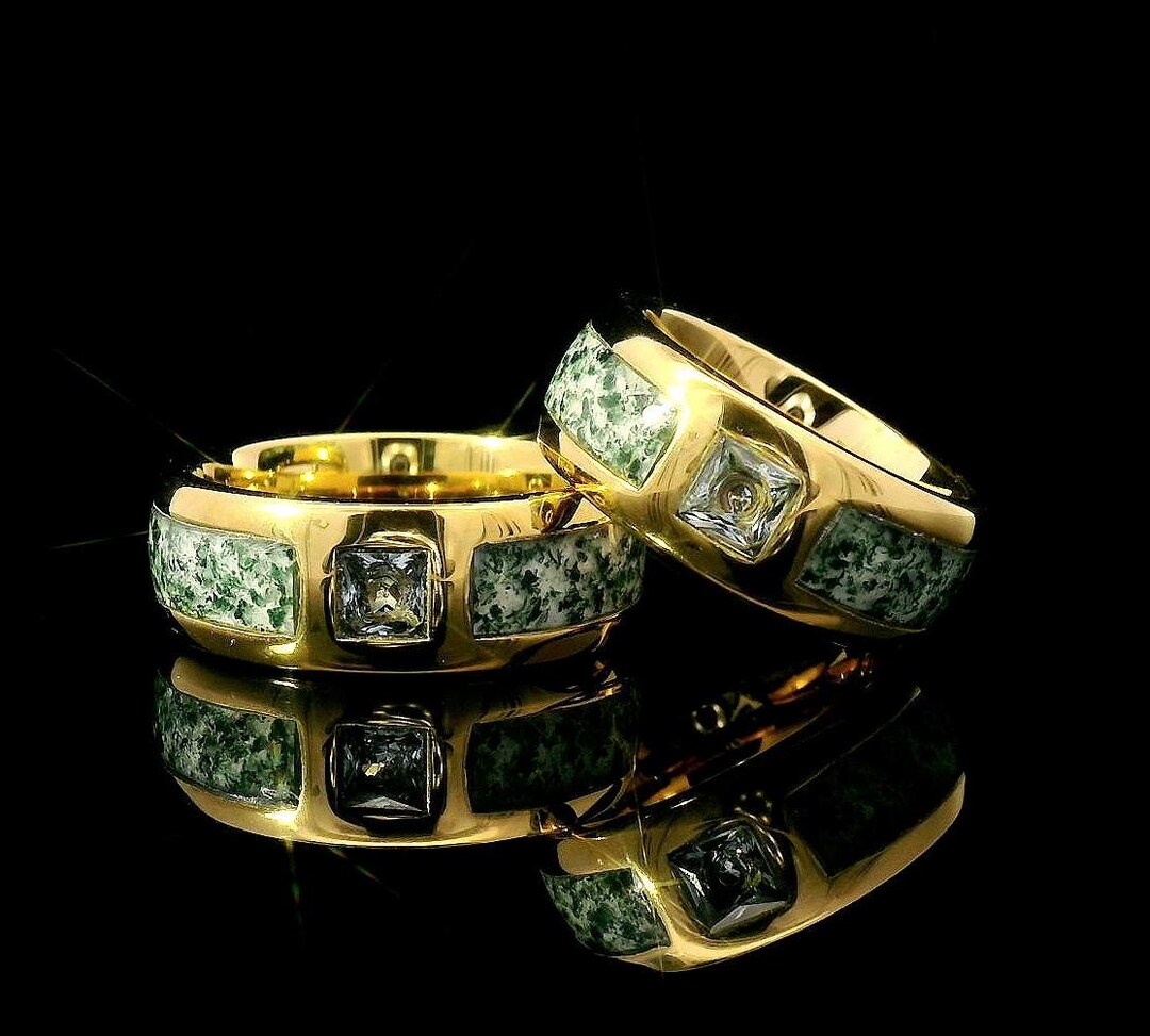 Green Moss Inlay Yellow Gold Tungsten Carbide Ring Unisex 8mm Wedding ...