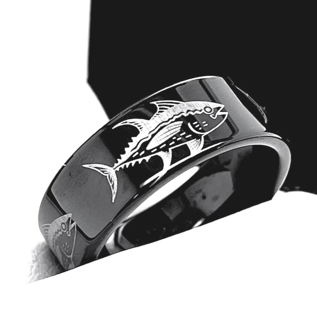 Black Tungsten Tuna Fish Ring | Engraved Fisherman Wedding Band | 8mm ...