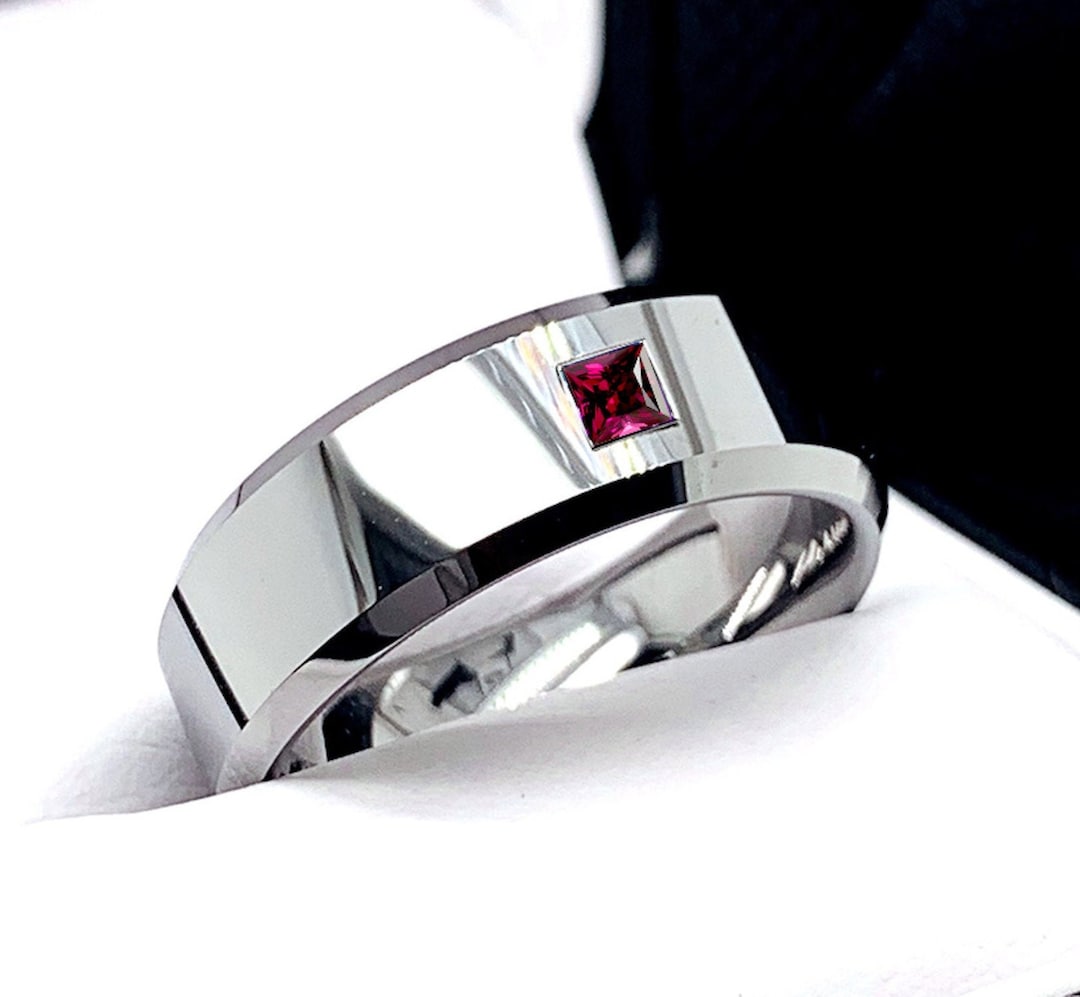 Red Ruby Stone Ring, Mens Wedding Band, His Promise Ring, Mens Tungsten ...