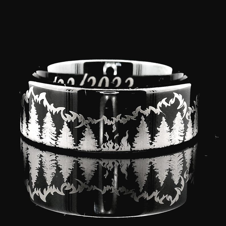 Firefighter Wedding Band With Engraved Fir Trees (black Tungsten, 8mm ...