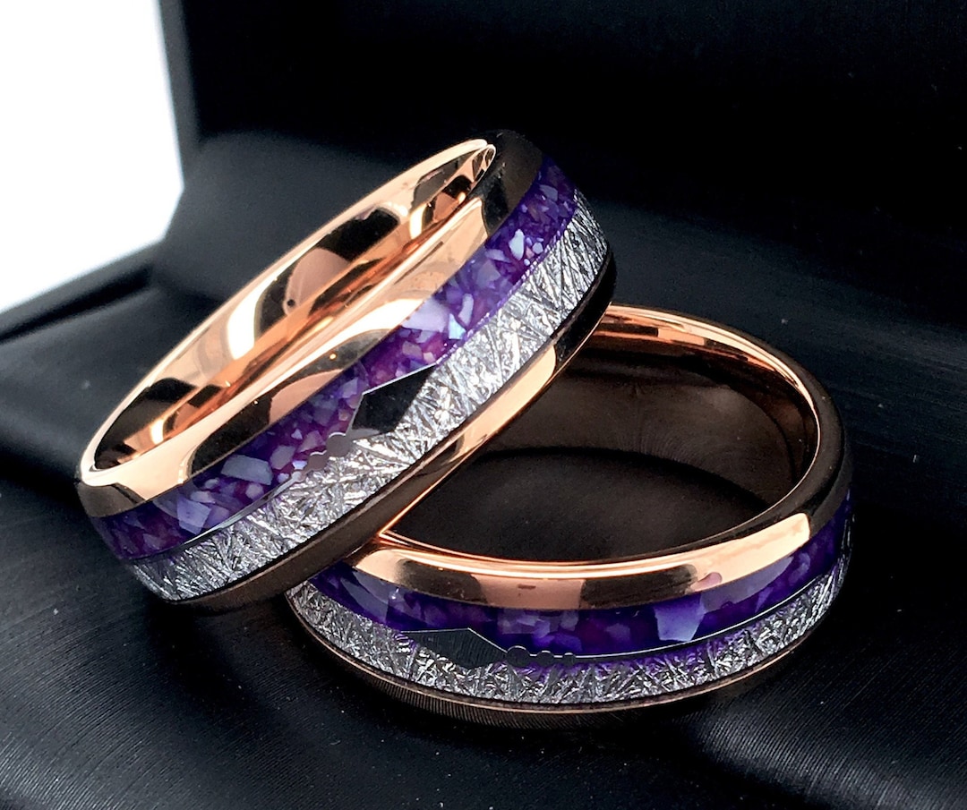 Purple Agate Meteorite Tungsten Ring With Rose Gold Arrow Inlay ...