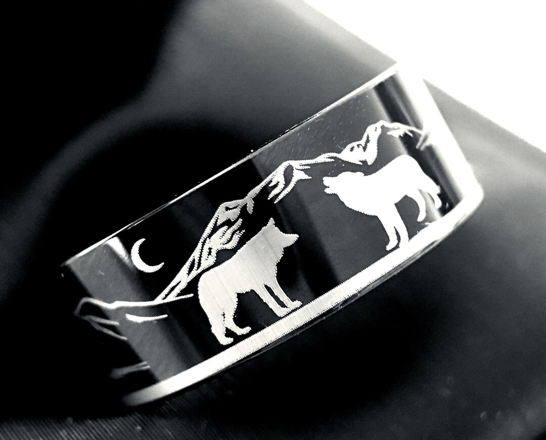Black Tungsten Wolf Ring | Two Wolves With Mountains & Moon | Engraved Landscape Band | Unisex ...