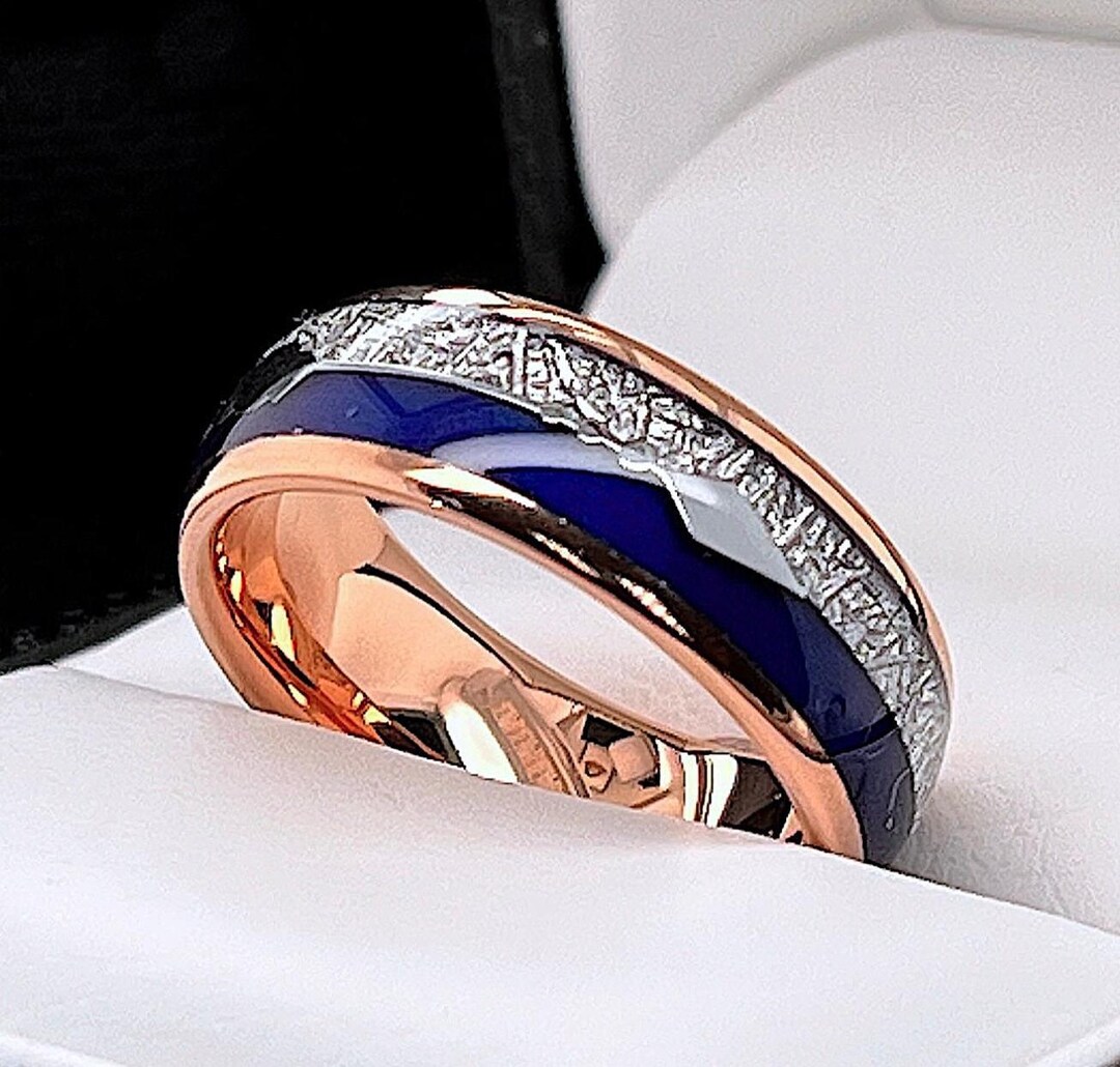 Blue Agate Meteorite Inlay Rose Gold Tungsten Ring: Arrow Wedding Band ...