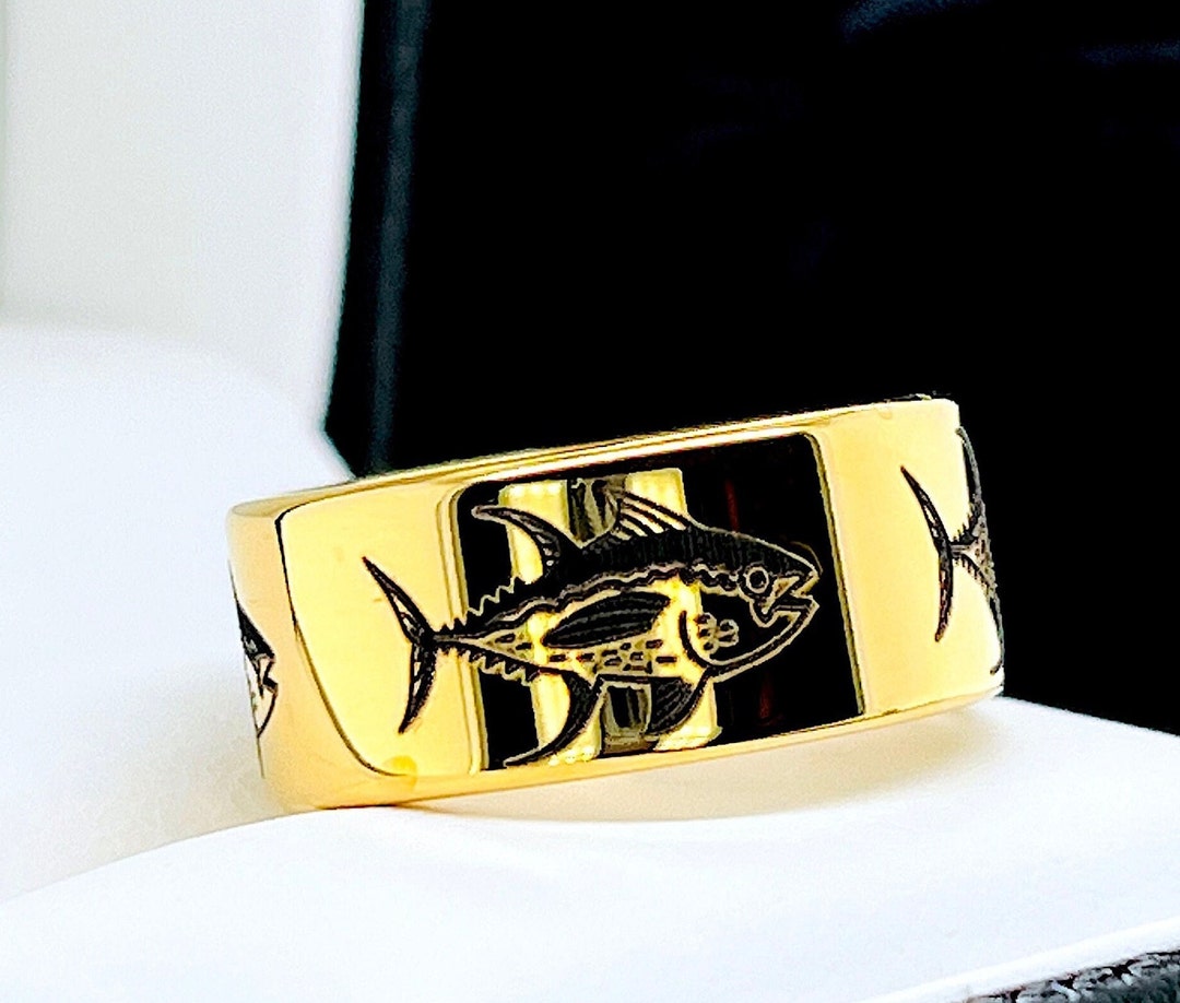Mens Ring Fisherman Gifts Yellow Gold Tungsten Carbide Ring Featuring ...
