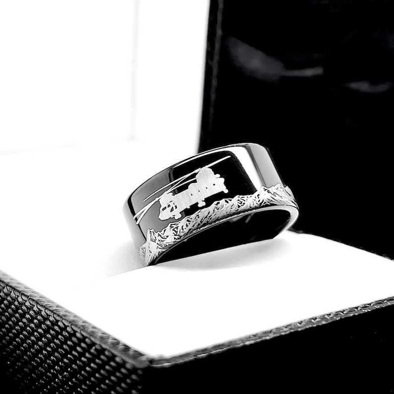 Mens Wedding Band | Engraved Mountain Helicopter Tungsten Ring | US ...
