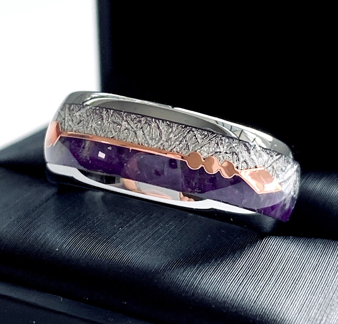 Meteorite & Purple Agate Ring | Tungsten Wedding Band | His and Hers ...