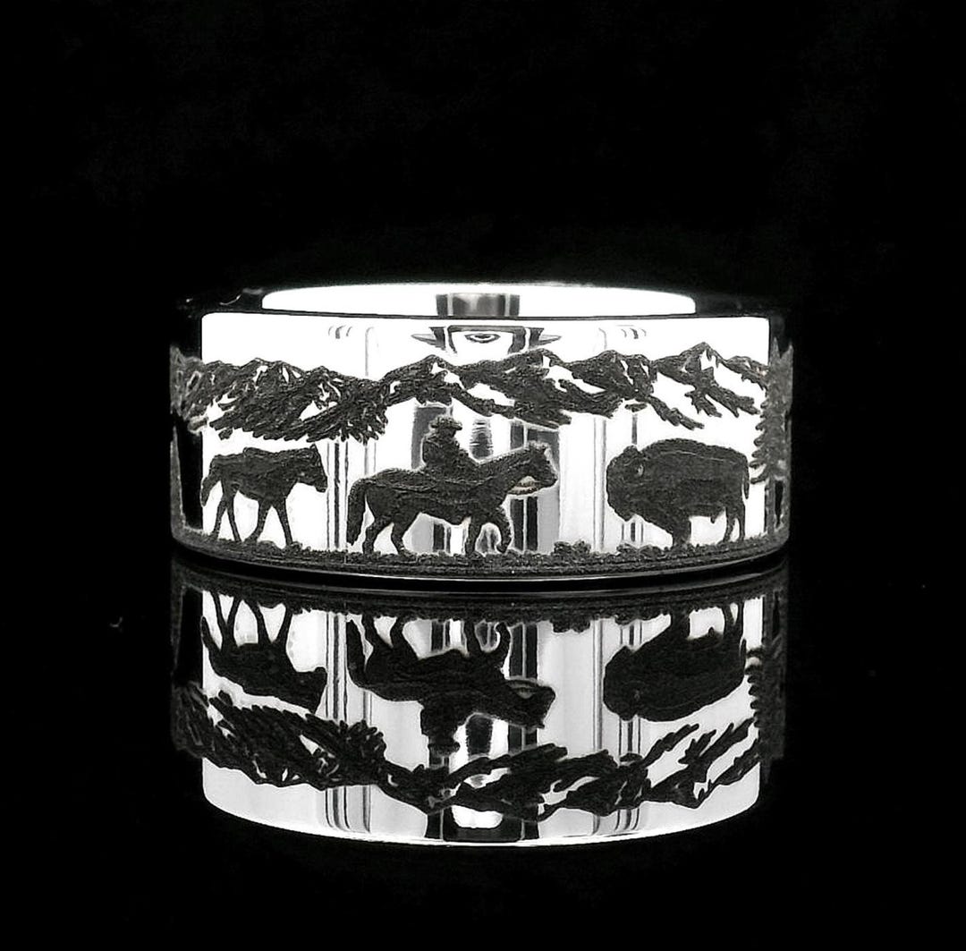 Cowboy and Buffalo Engraved Tungsten Ring | Men’s Western Wedding Band ...