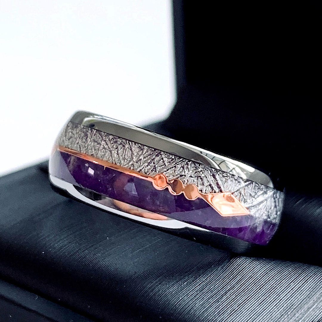 Purple Agate & Meteorite Tungsten Ring With Arrow Inlay (8mm) Unisex - Etsy