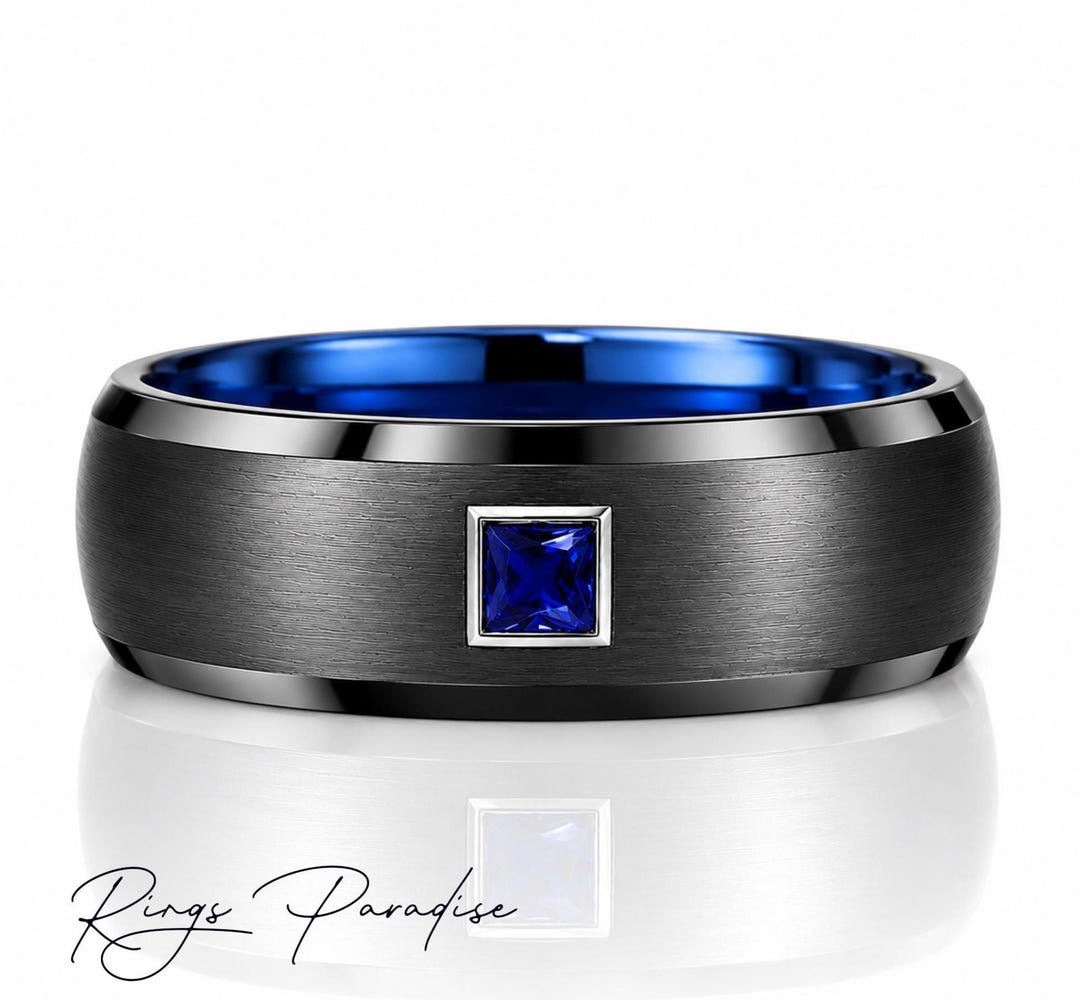 Square Sapphire Men’s Wedding Band — Black & Blue Tungsten Ring (8mm ...