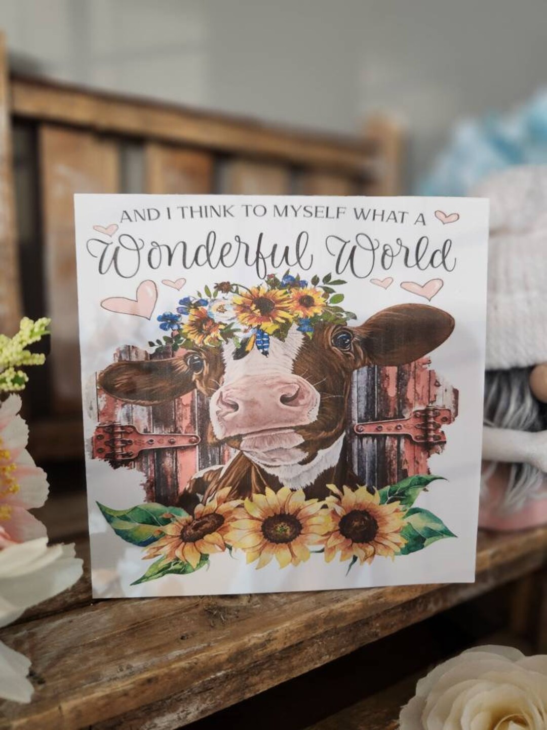 What a Wonderful World Sign, Floral Cow Wall Decor, Spring Cow Kitchen ...