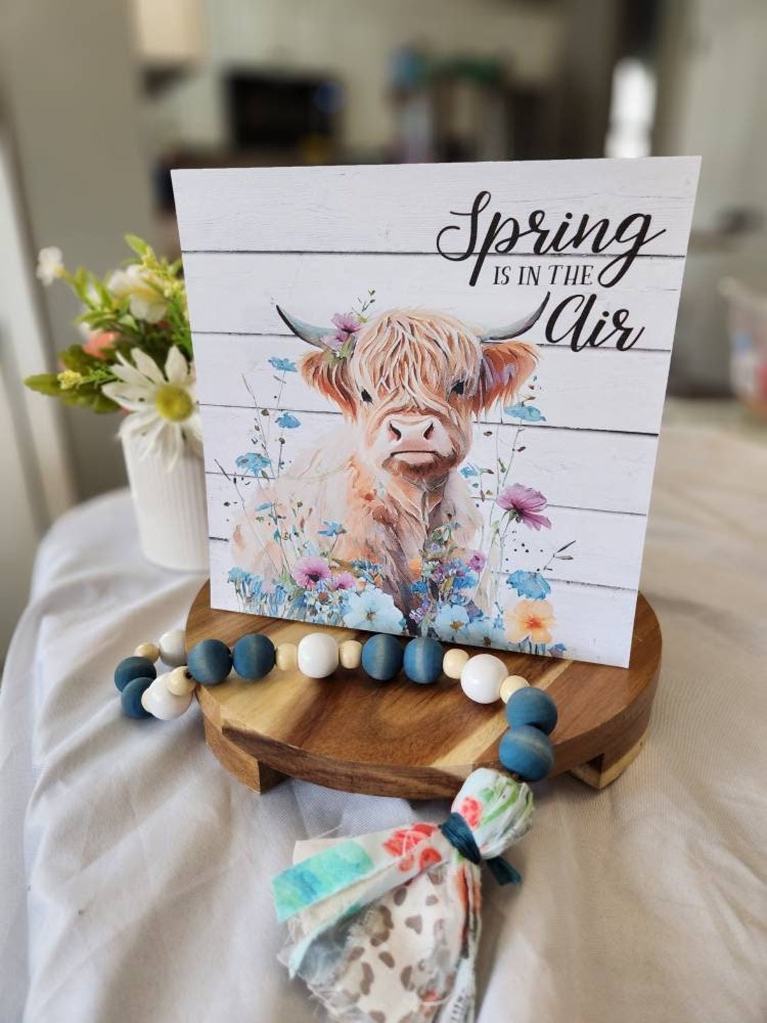 Wood Spring Sign, Highland Cow Spring Tiered Tray, Floral Cow Wall ...