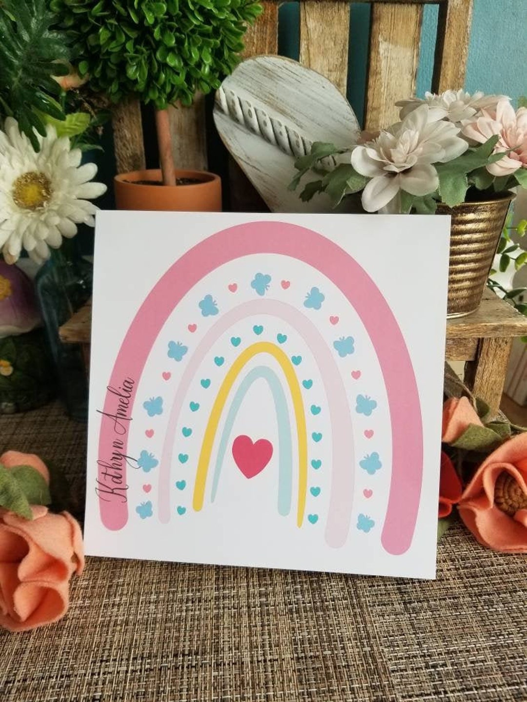 Pink Rainbow Wood Name Sign, Boho Rainbow Nursery, Rainbow With Heart ...