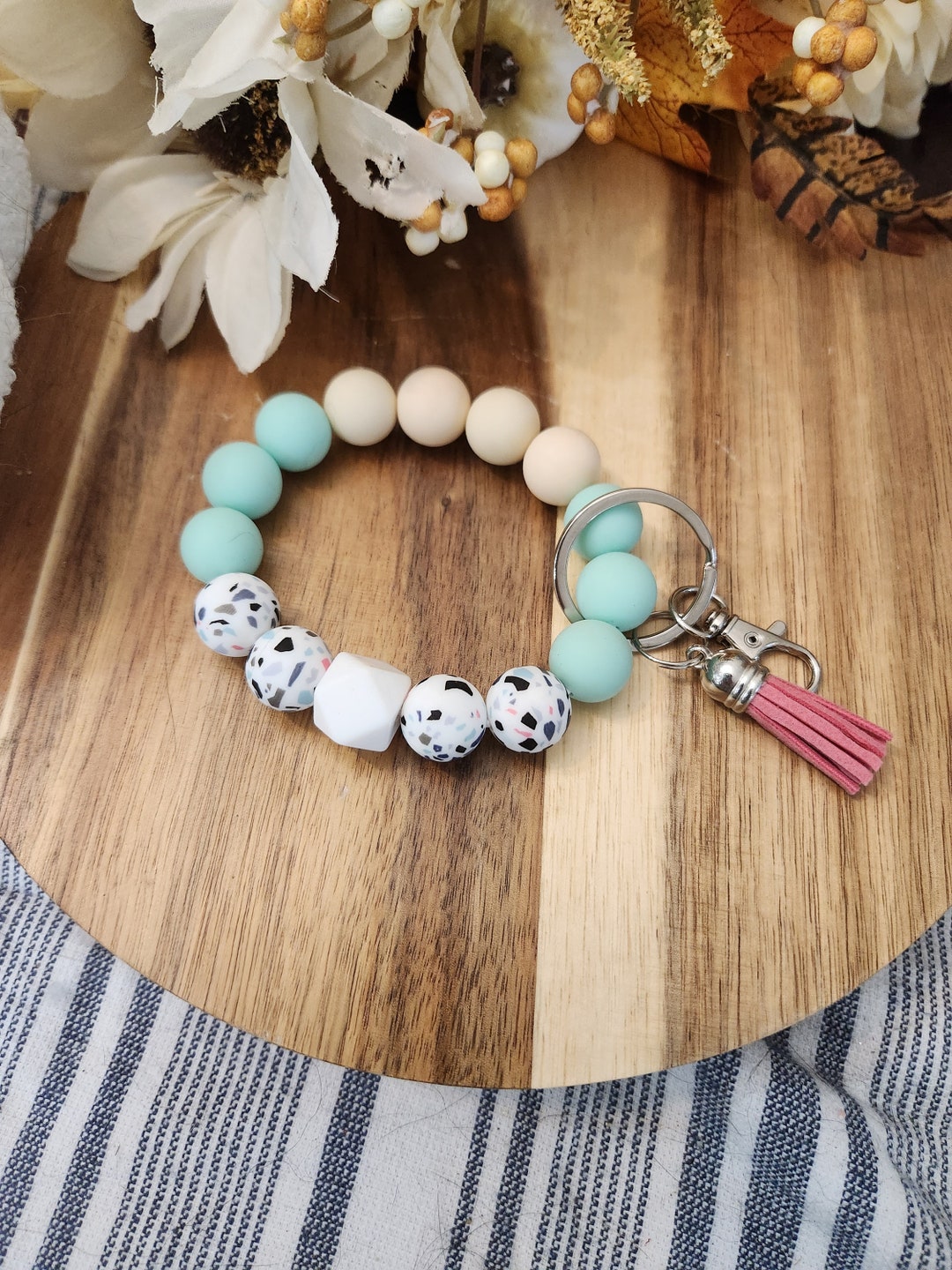 Teal Silicone Beaded Key Chain, Beaded Keychain Wristlet, Silicone ...