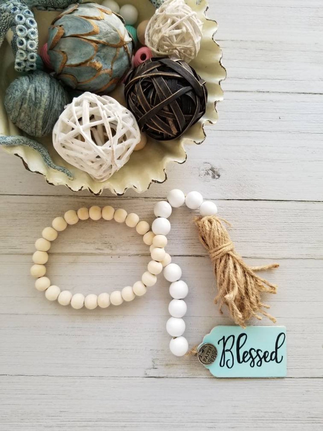 Spring Garland for Mantel, Farmhouse Wood Bead Garland, Wood Bead ...