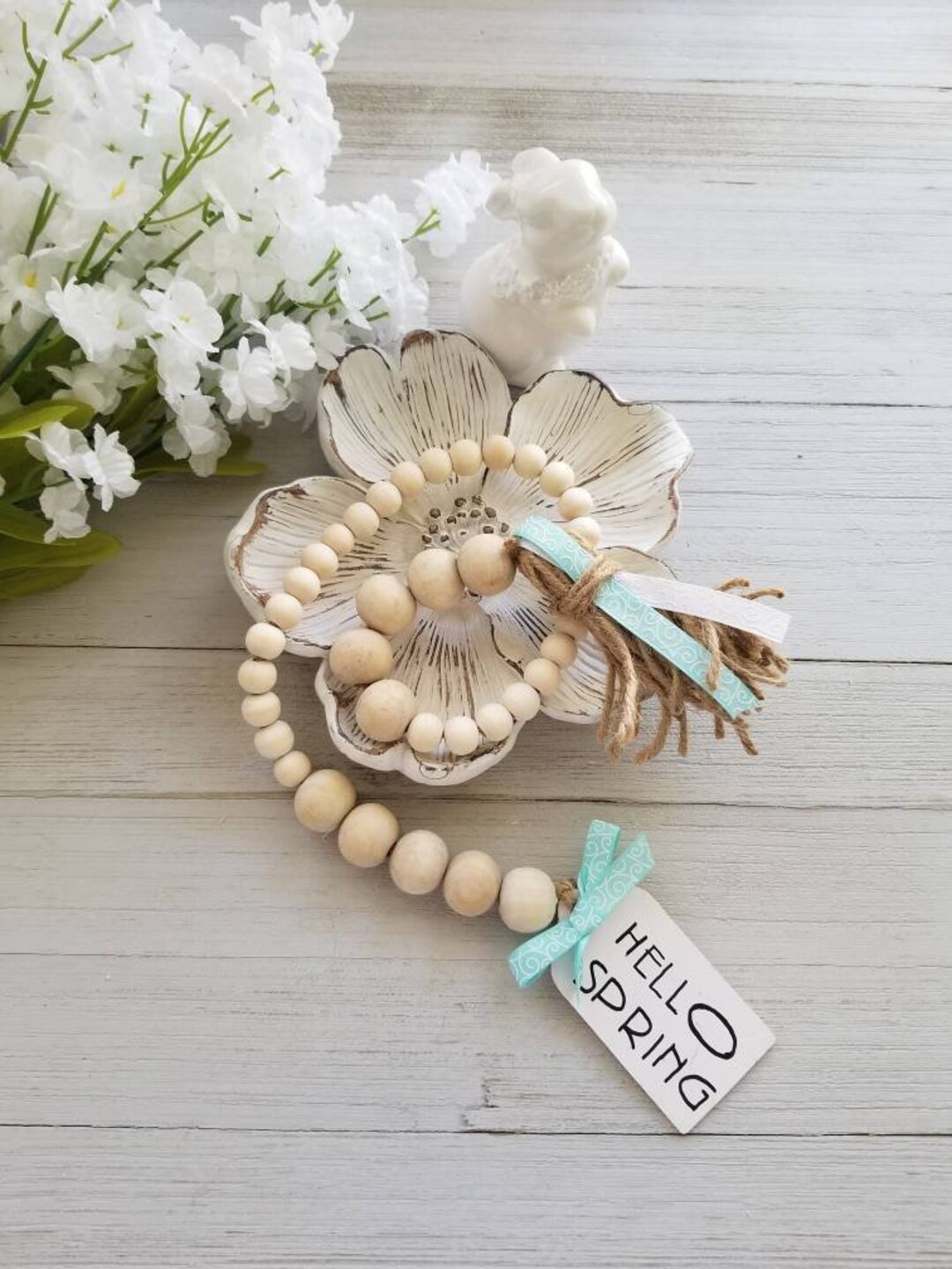 Spring Garland for Mantel, Farmhouse Wood Bead Garland, Wood Bead ...