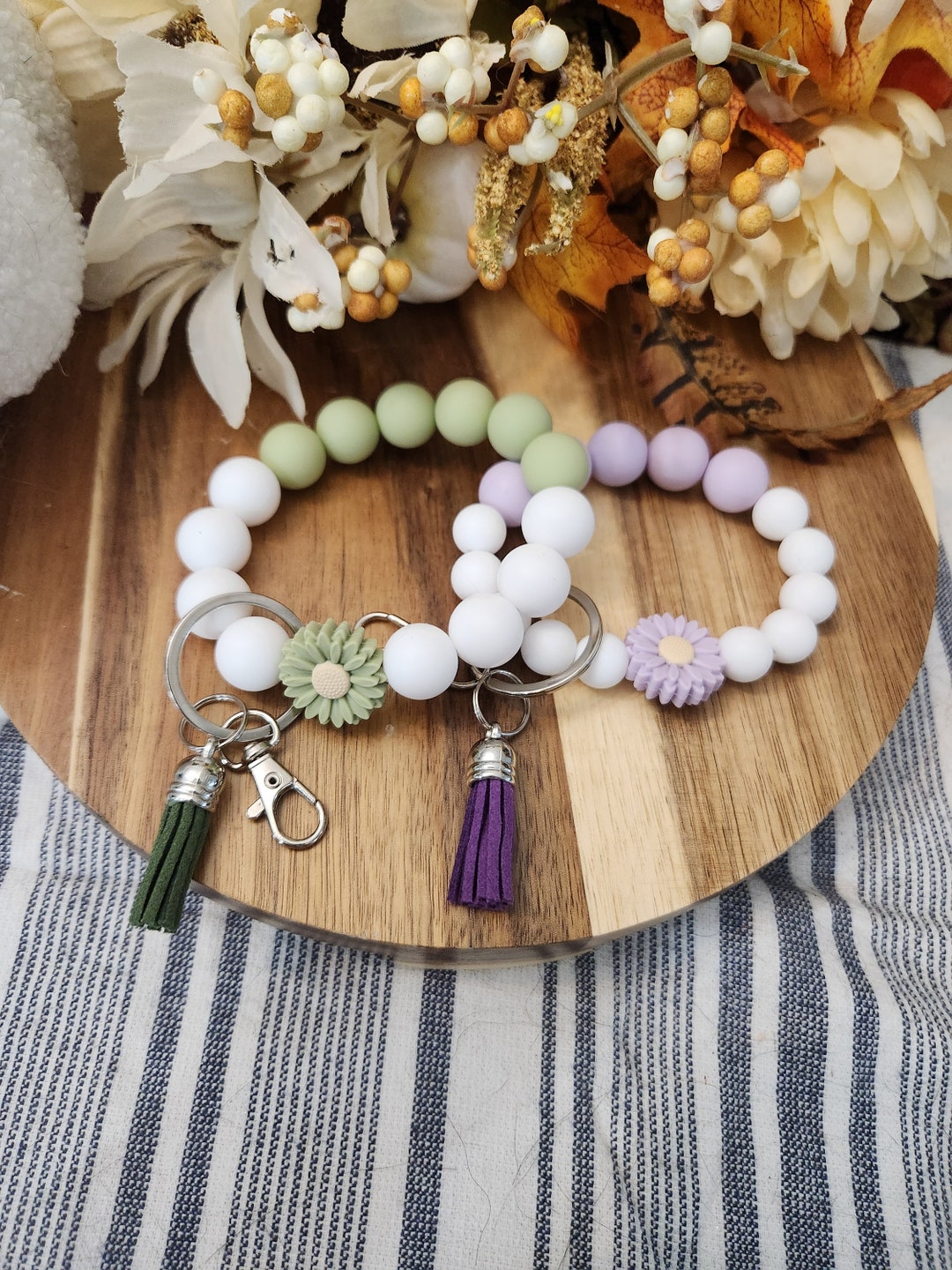 Purple Silicone Beaded Key Chain, Flower Keychain Beaded, Purple Daisy ...