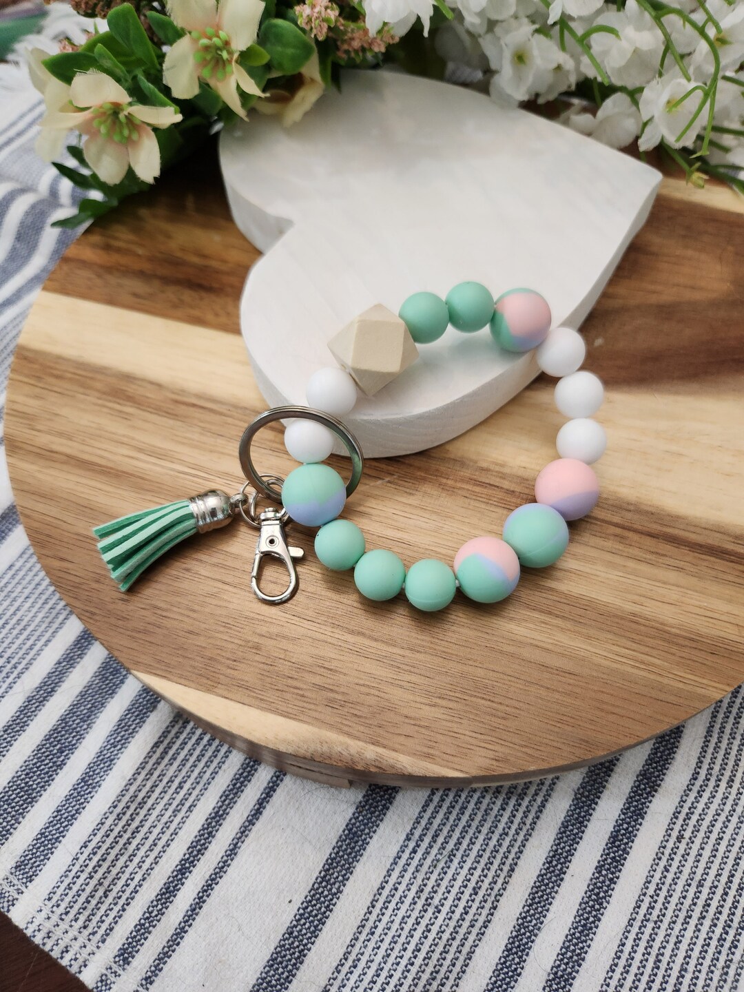 Teal Silicone Beaded Bangle Keychain, Wristlet Key Ring - Etsy